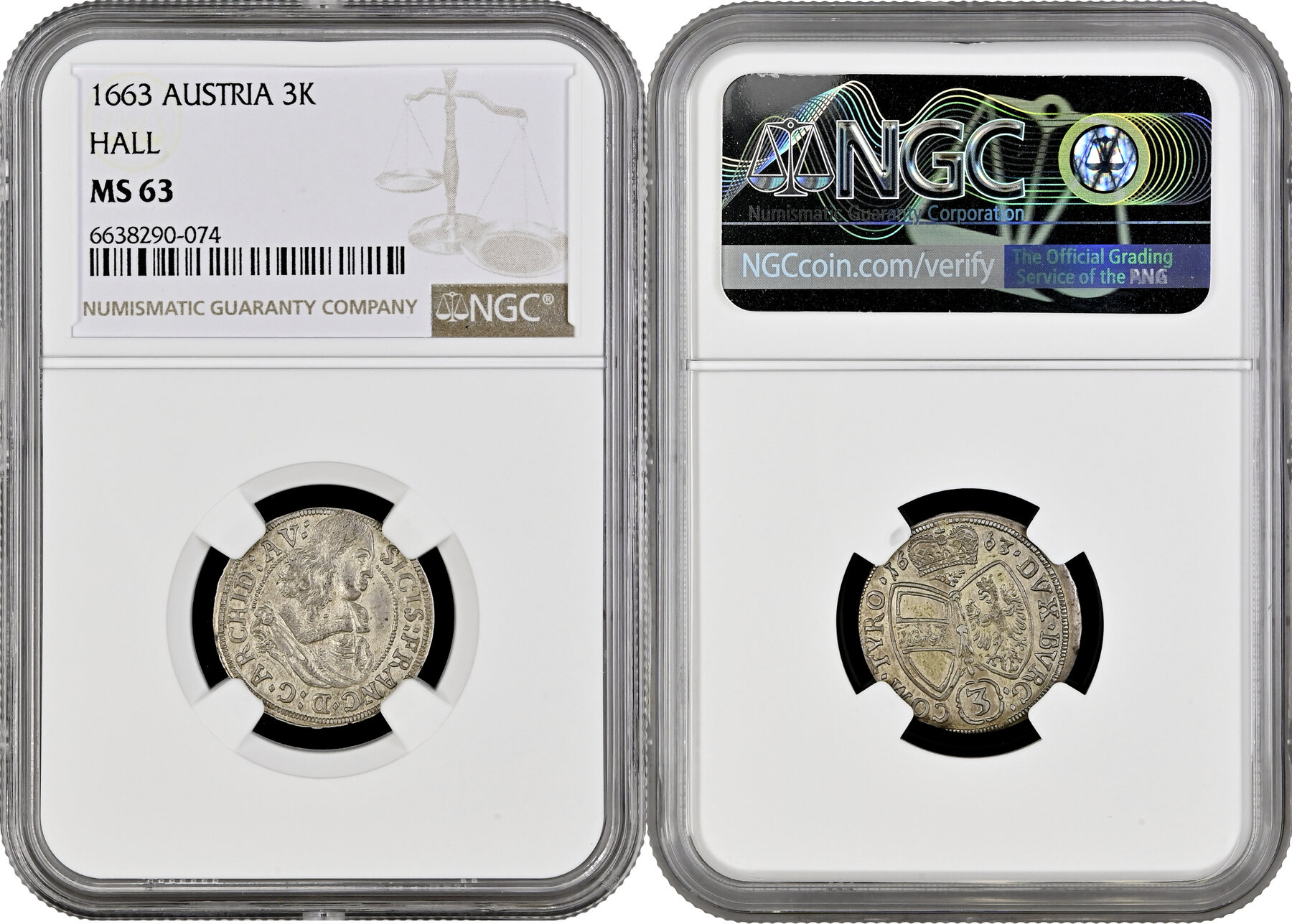 1663 Austria 3 kreuzer 1663 HALL, NGC MS63, Archduke Sigismund Francis ...
