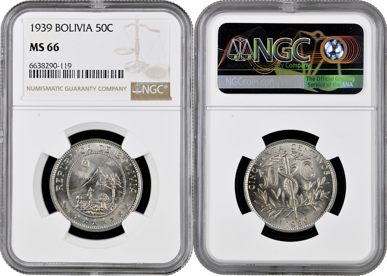 Bolivia 50 centavos 1939, NGC MS66, Republic of Bolivia (1870 - 1963) Bolivia 1939, NGC MS66 ...