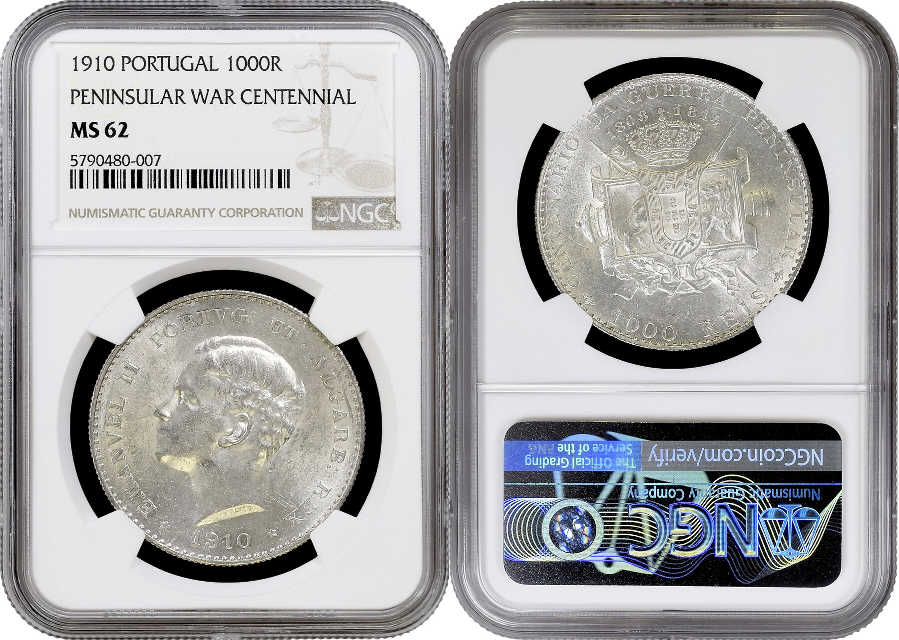 Portugal 1000 reis 1910, NGC MS62, 100th Anniversary - Peninsular War Portugal 1910, NGC MS62 ...