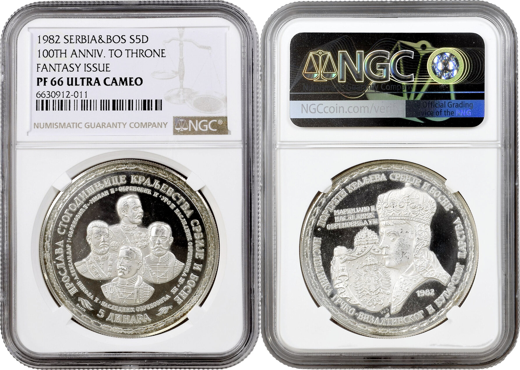 Serbia 5 dinara 1982, NGC PF66 UC, 100th Anniversary to Throne Serbia ...