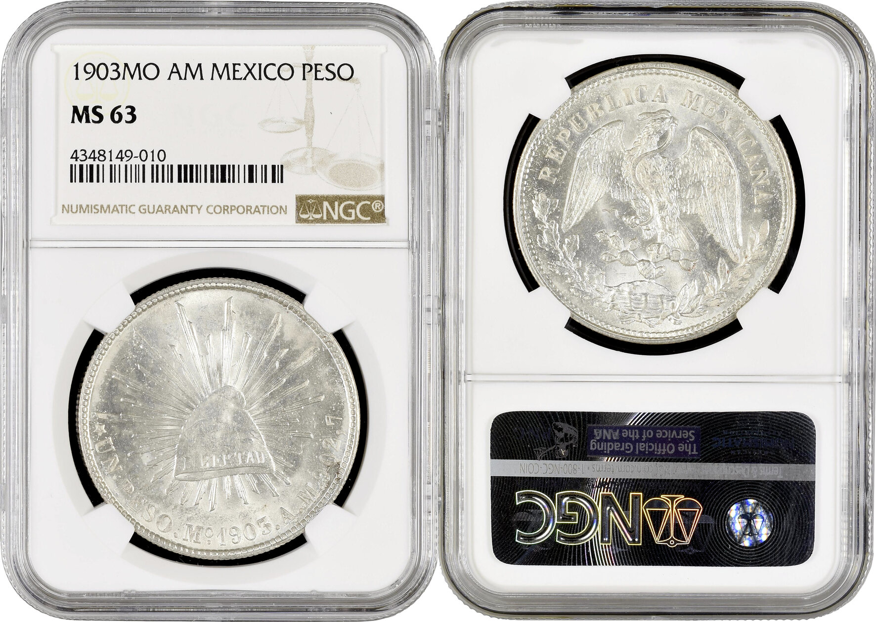 Mexico 1 peso 1903 Mo AM, NGC MS63, Republic of Mexico (1863 - 1905) Mexico Mo AM, NGC MS63 ...