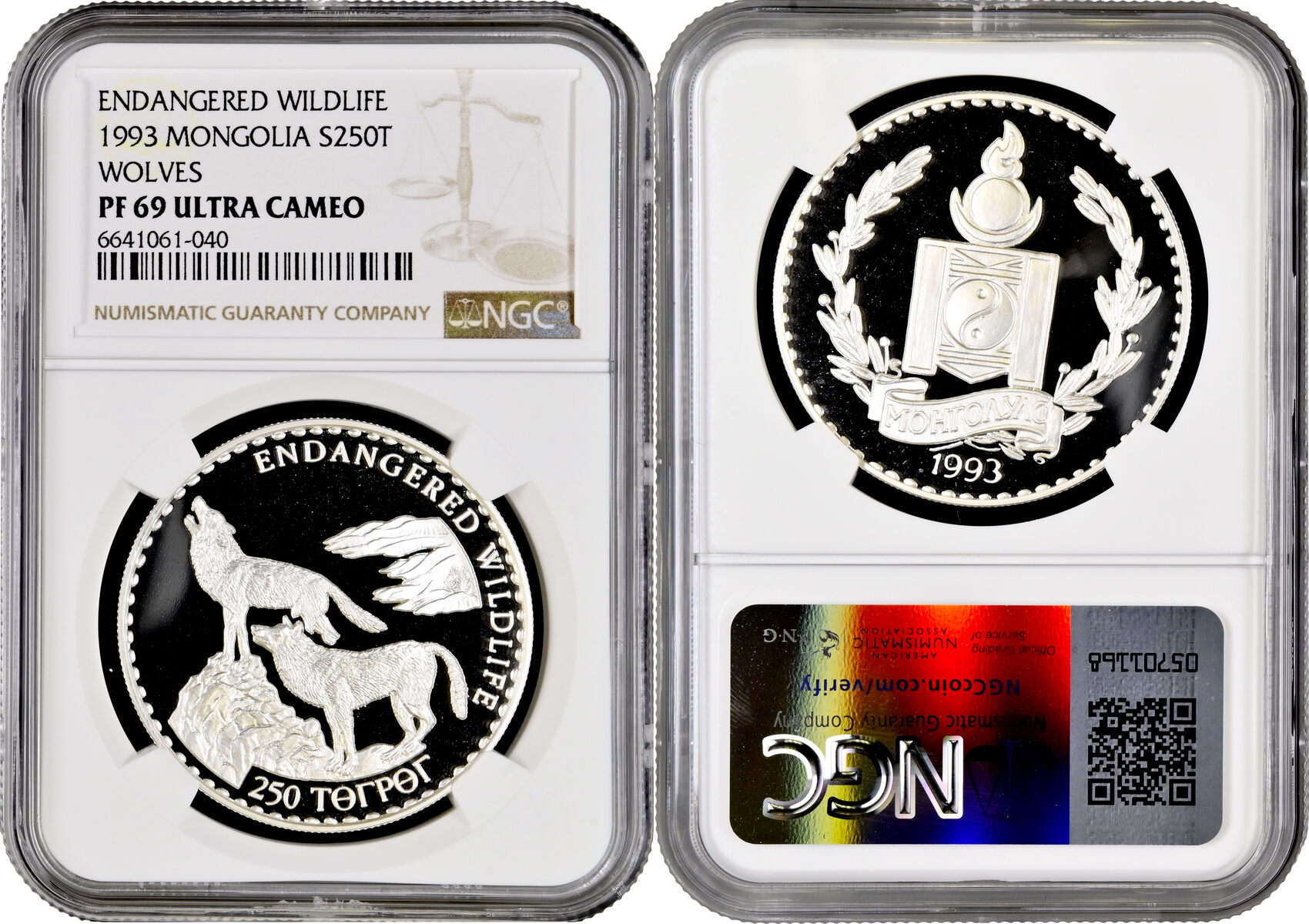 Mongolia 250 tugrik 1993, NGC PF69 UC, Endangered Wildlife - Wolf Top ...