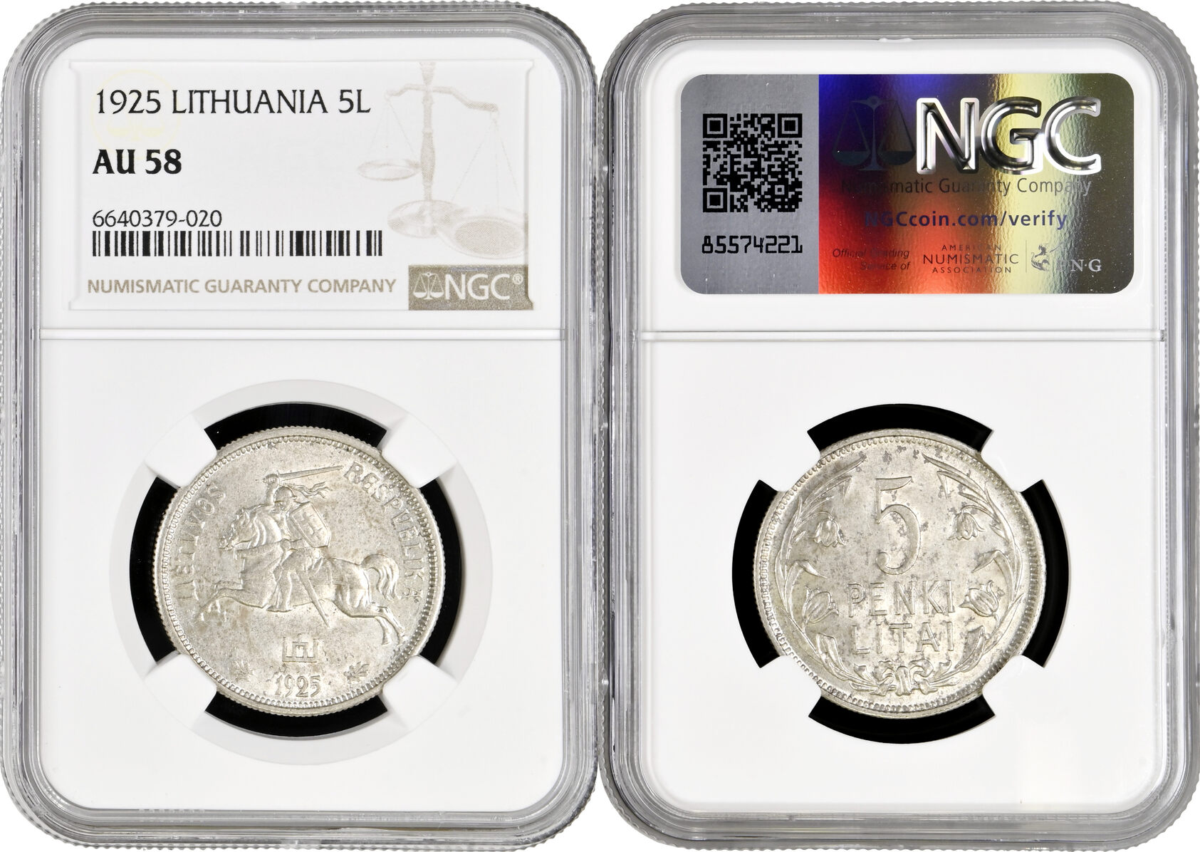 1925 Lithuania 5 litai 1925, NGC AU58, First Republic (1925 - 1938) Lithuania 1925, NGC AU58 ...