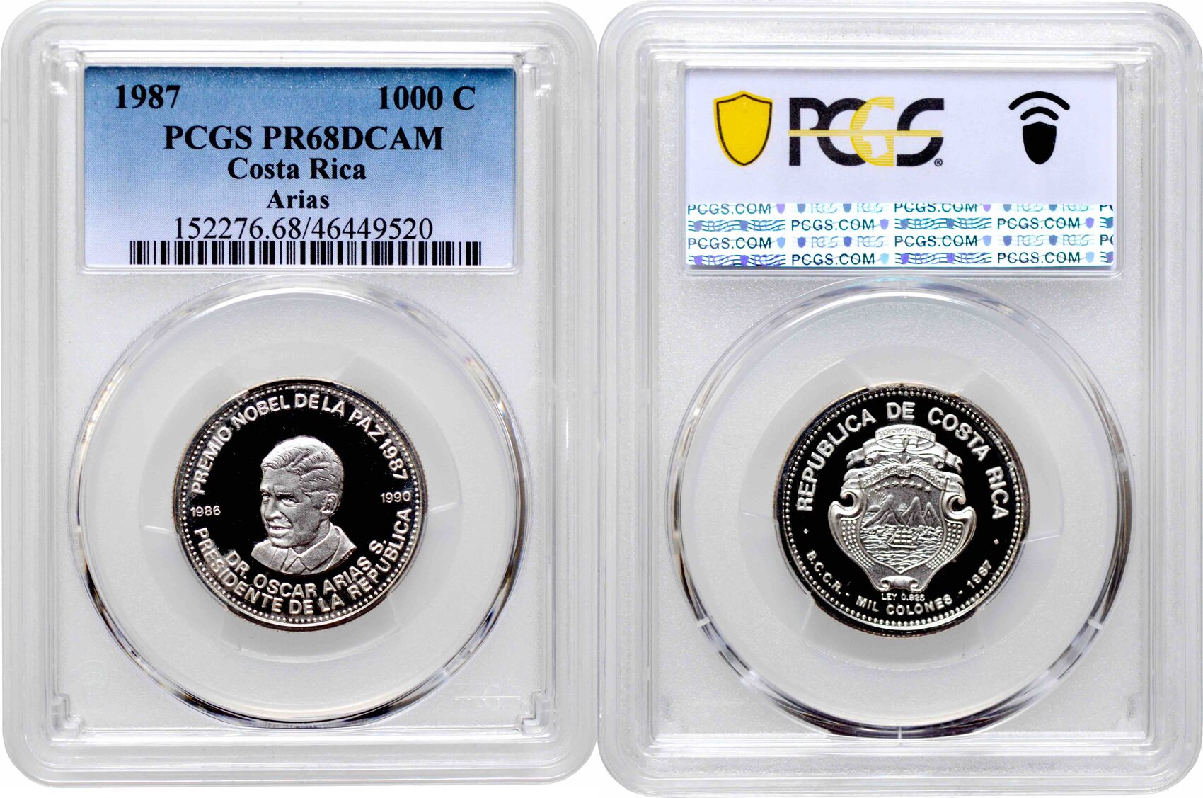 Costa Rica 1000 colones 1987, PCGS PR68 DCAM, Nobel Peace Prize - Oscar ...