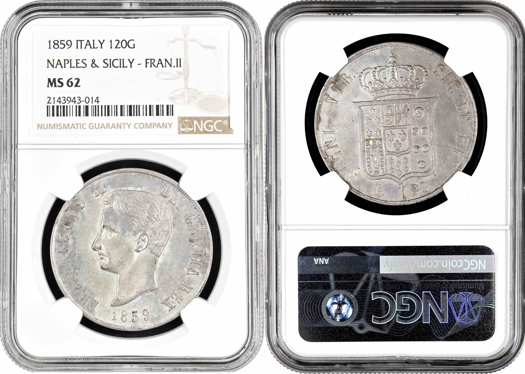1859 Naples 120 grana 1859, NGC MS62, King Francis II (1859 - 1860 ...