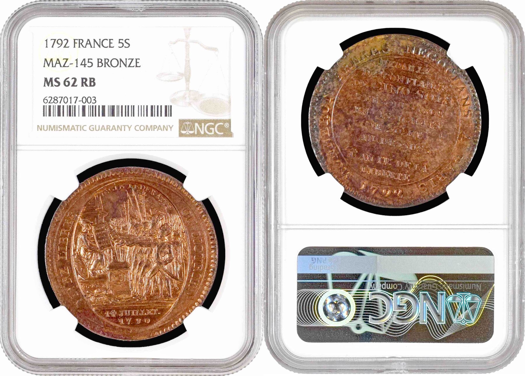 France 5 soles 1792, NGC MS62 RB, Monneron - French Revolution MAZ-145 BRONZE France 1792, NGC ...