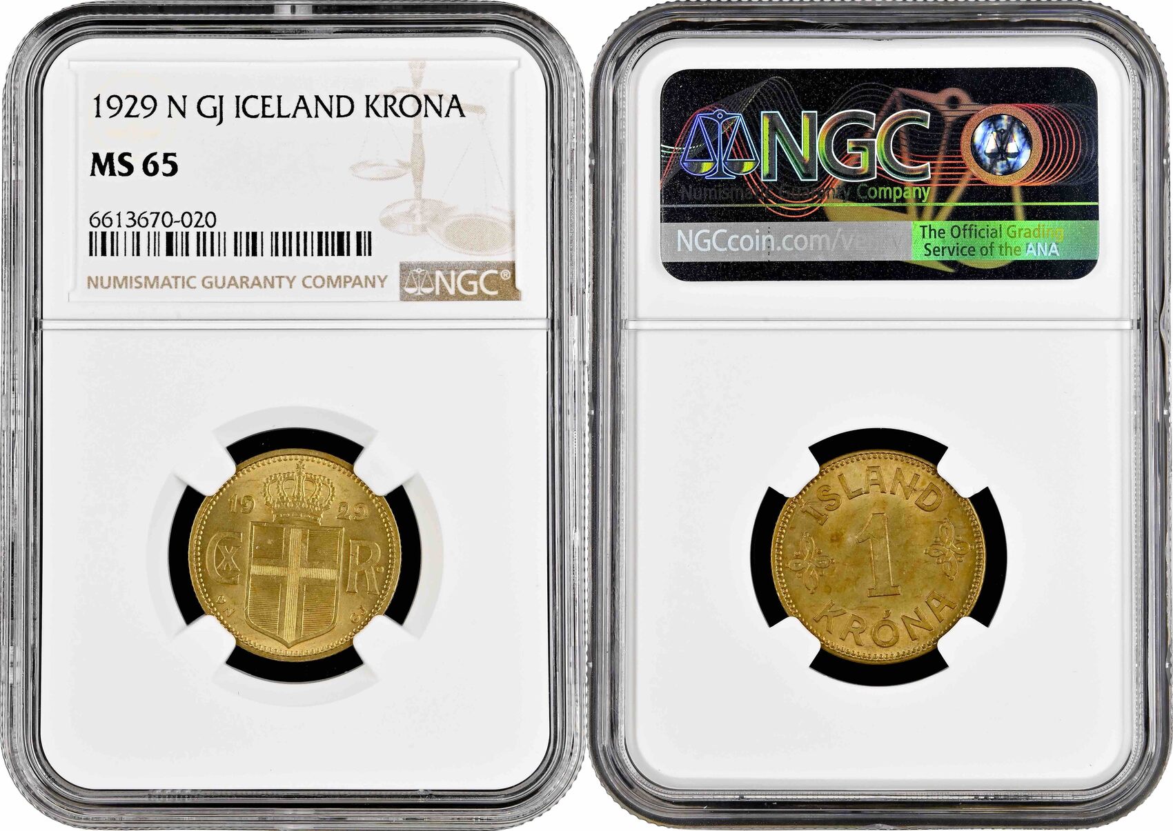 Iceland 1 krona 1929 N GJ, NGC MS65, King Christian X (1922 - 1943) Top Pop 4/0 Iceland GJ, NGC ...