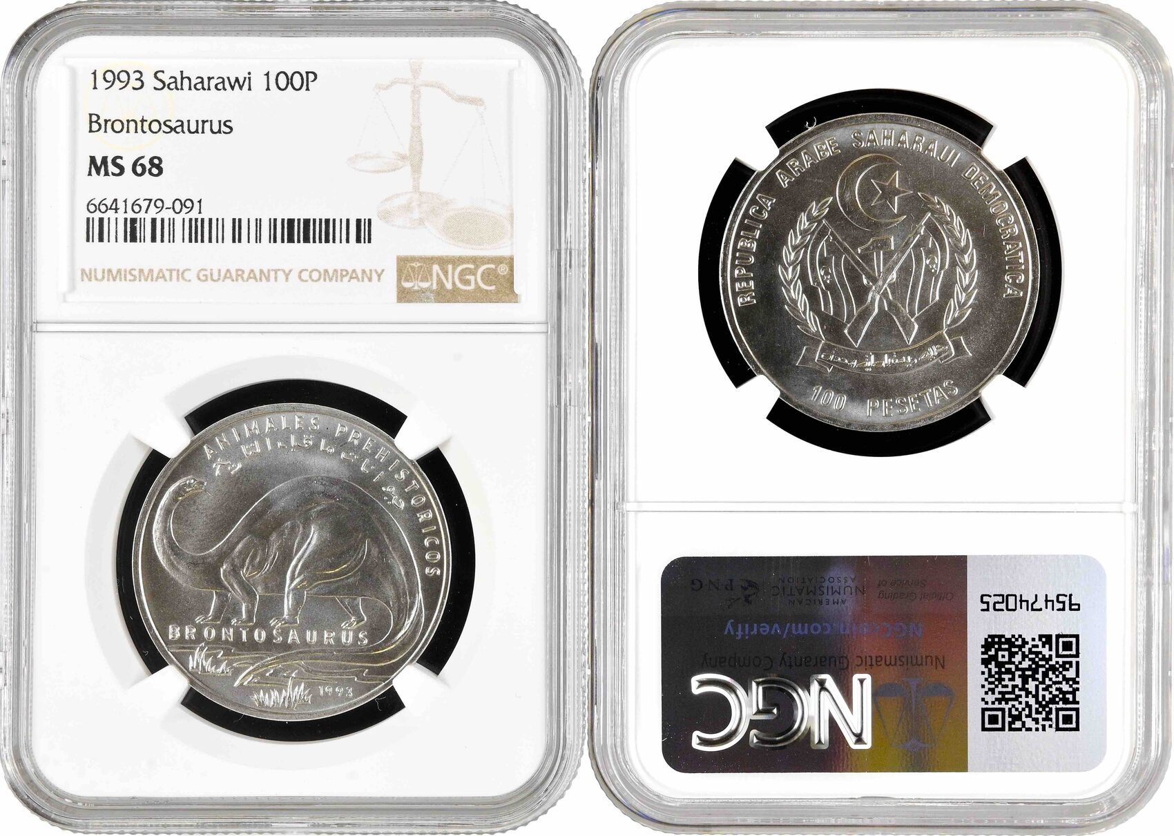 Western Sahara (Saharawi) 100 pesetas 1993, NGC MS68, Brontosaurus Top Pop 1/0 Western Sahara ...