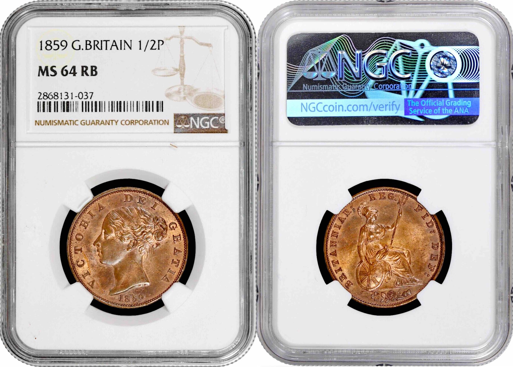 Great Britain 1/2 penny 1859, NGC MS64 RB, Queen Victoria (1838 - 1901) Great Britain 1859, NGC ...