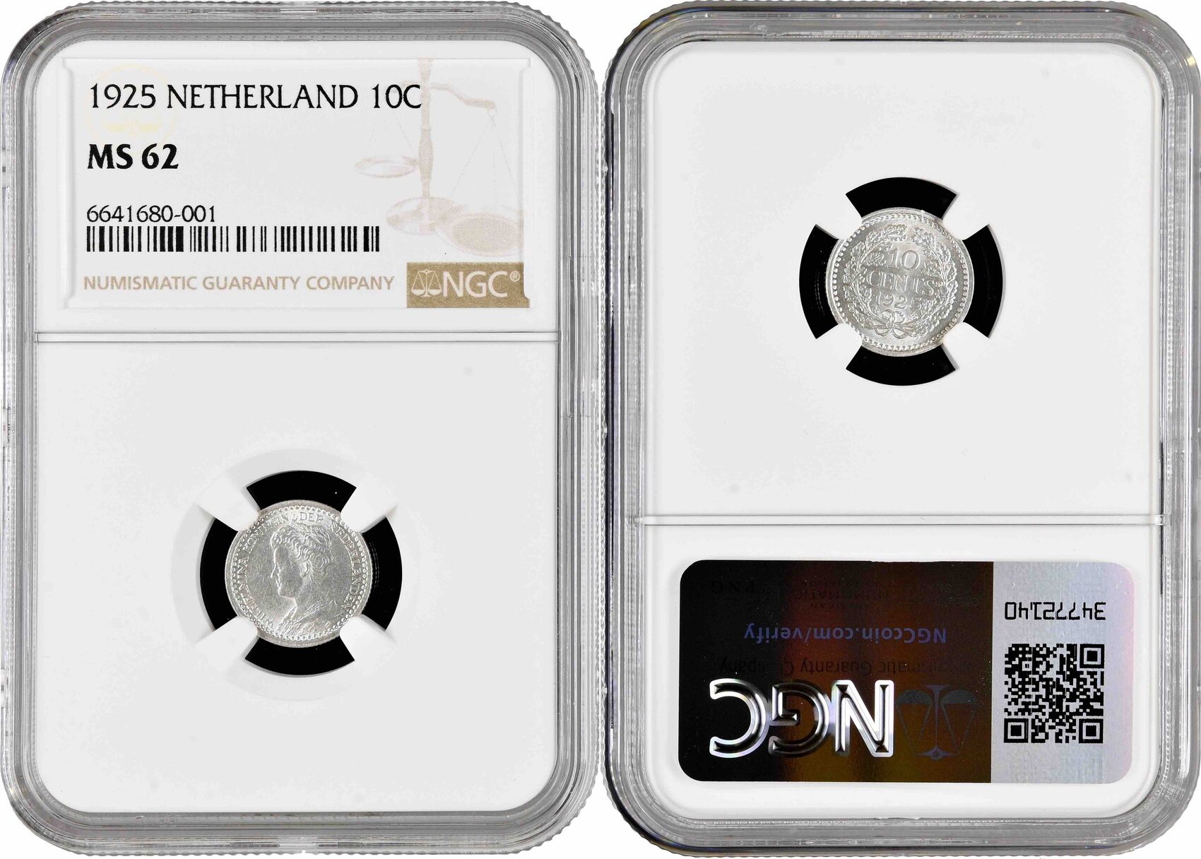 Netherlands 10 cents 1925, NGC MS62, Queen Wilhelmina (1890 - 1948) Netherlands 1925, NGC MS62 ...