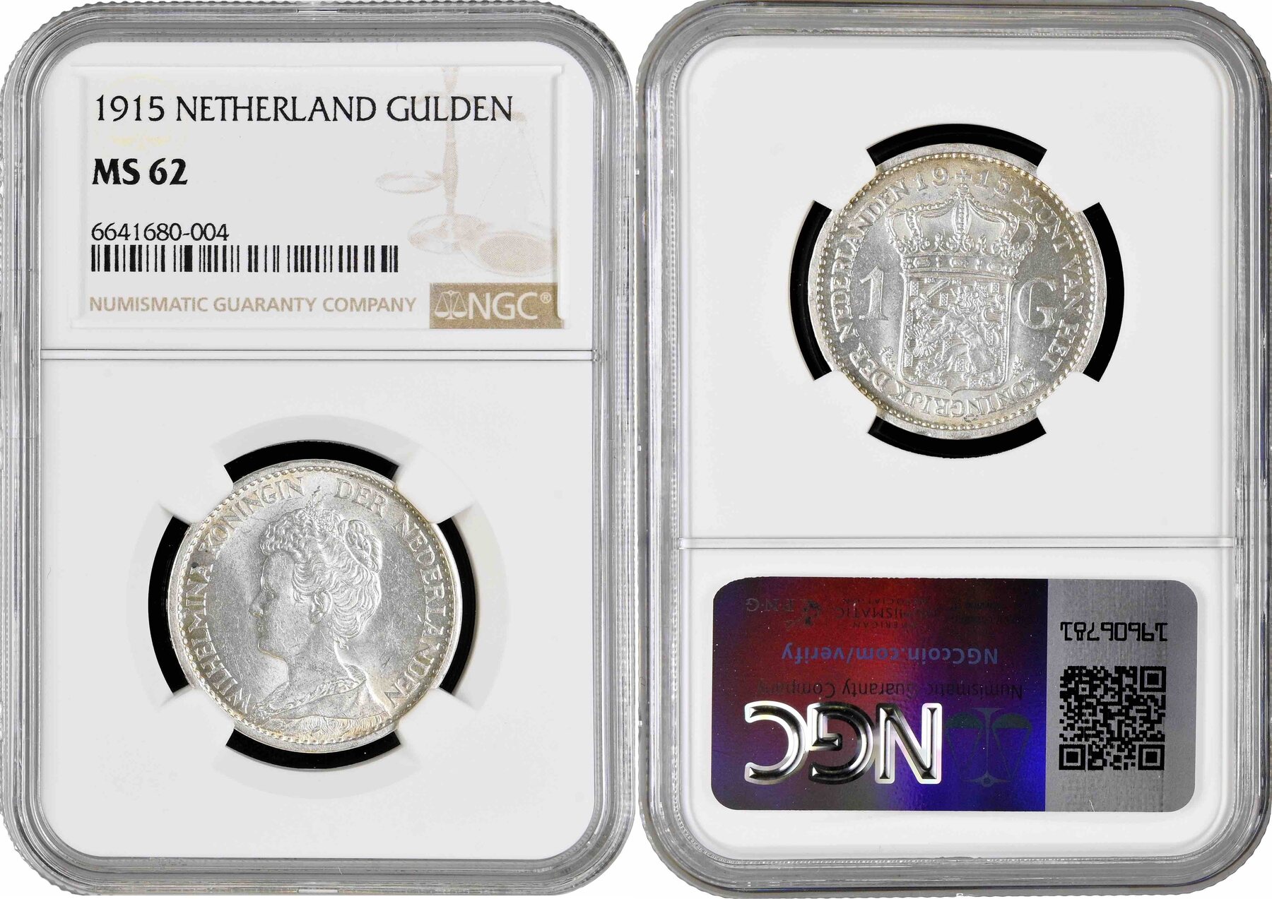 Netherlands 1 gulden 1915, NGC MS62, Queen Wilhelmina (1890 - 1948) Netherlands 1915, NGC MS62 ...