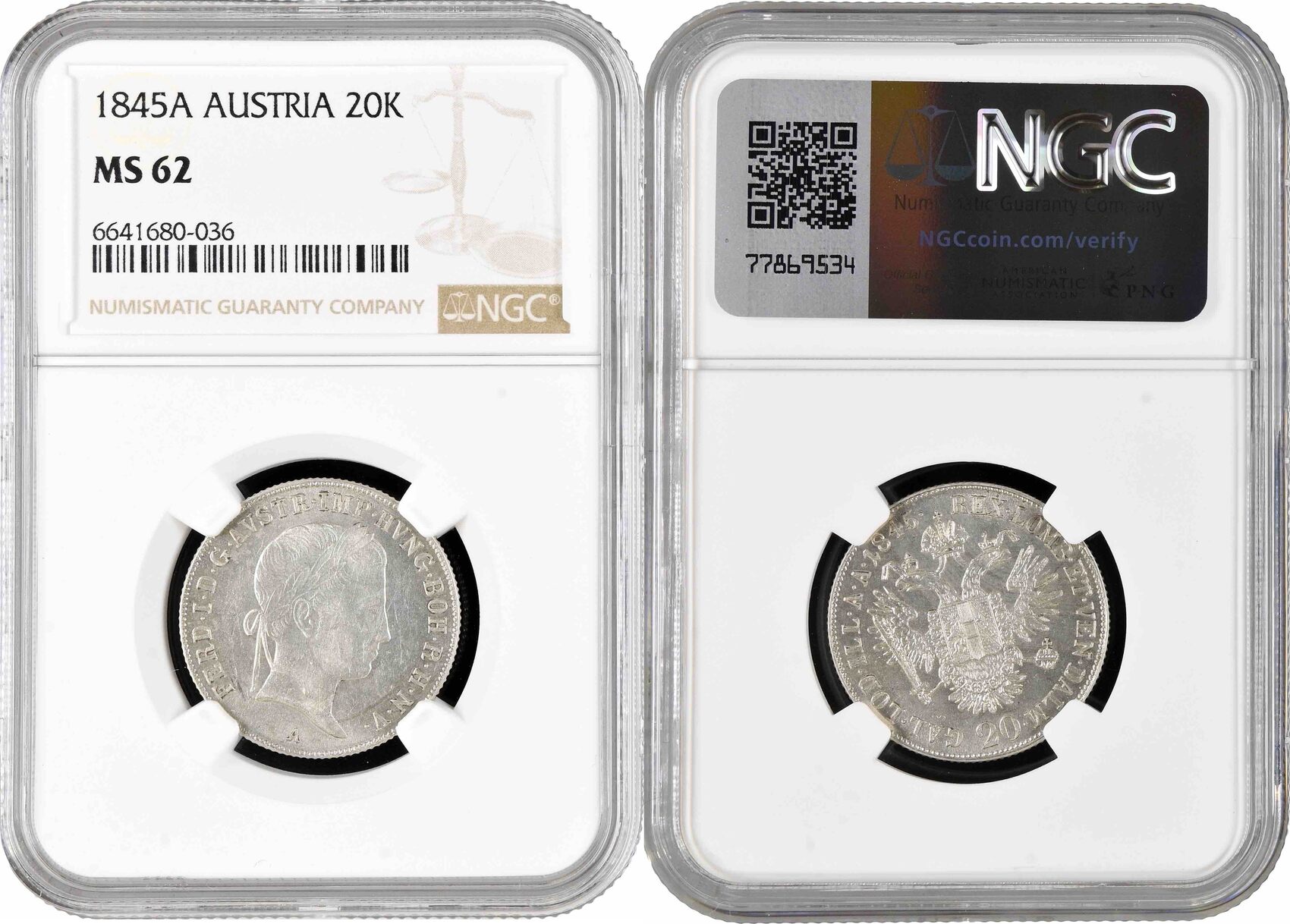 Austria 20 kreuzer 1845 A, NGC MS62, Emperor Ferdinand I (1835 - 1848) Austria 1845 A, NGC MS62 ...