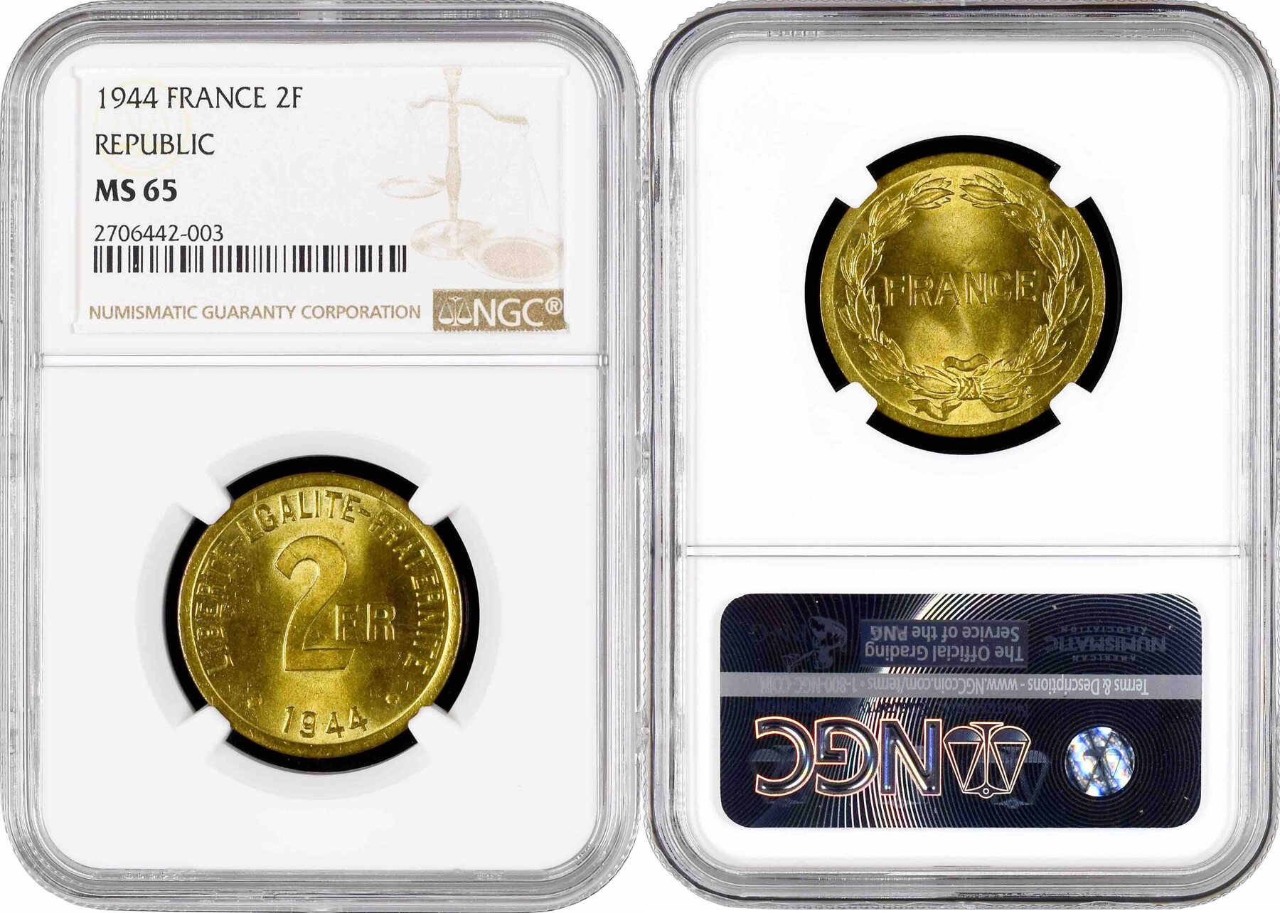 1944 France 2 francs 1944, NGC MS65, Fourth Republic (1944 - 1959) Top Pop 2/0 France 1944, NGC ...