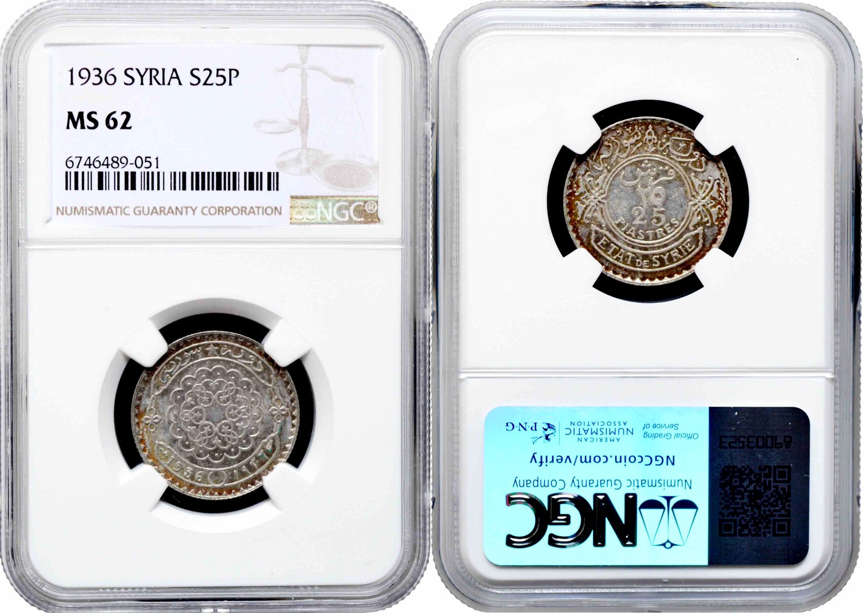 Syria 25 piastres 1936, NGC MS62, French protectorate (1921 - 1945) Syria 1936, NGC MS62, French ...