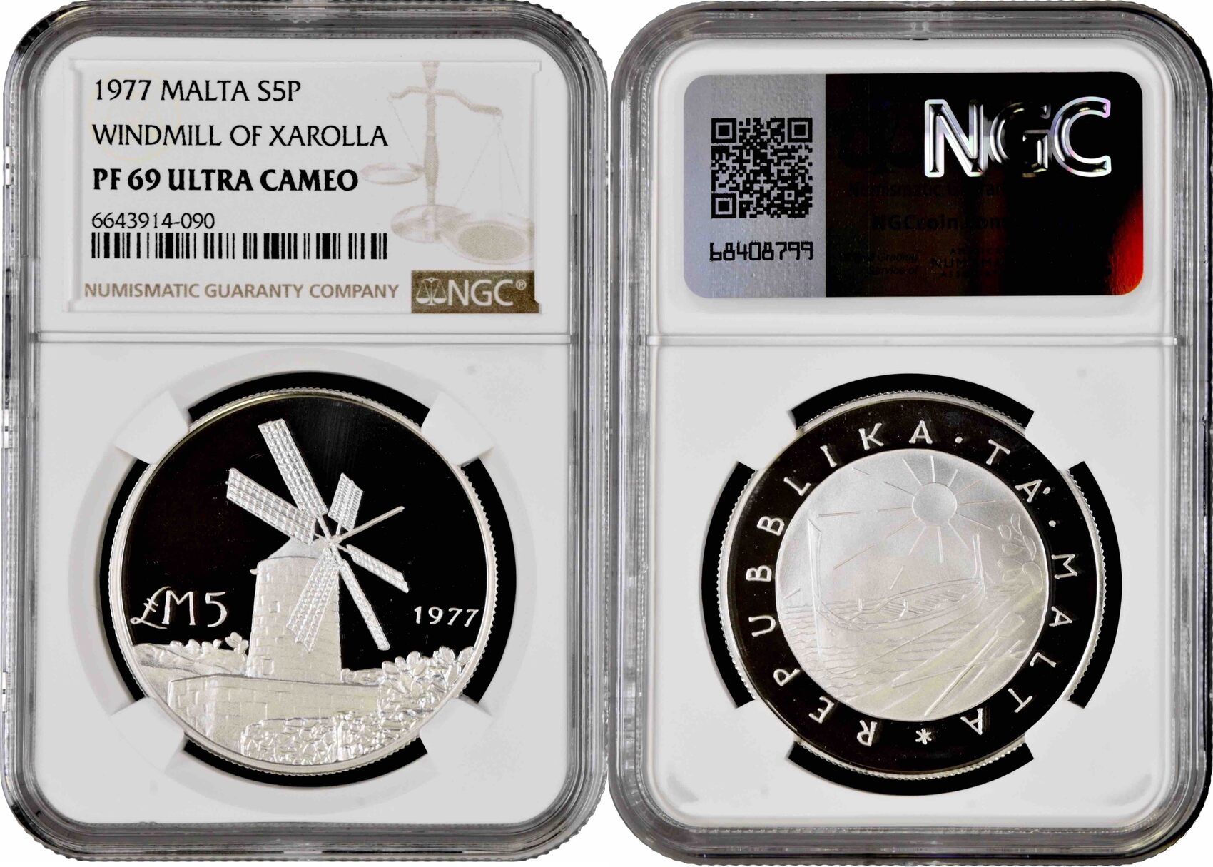 Malta 5 pounds 1977, NGC PF69 UC, Windmill of Xarolla Top Pop 4/0 Malta ...