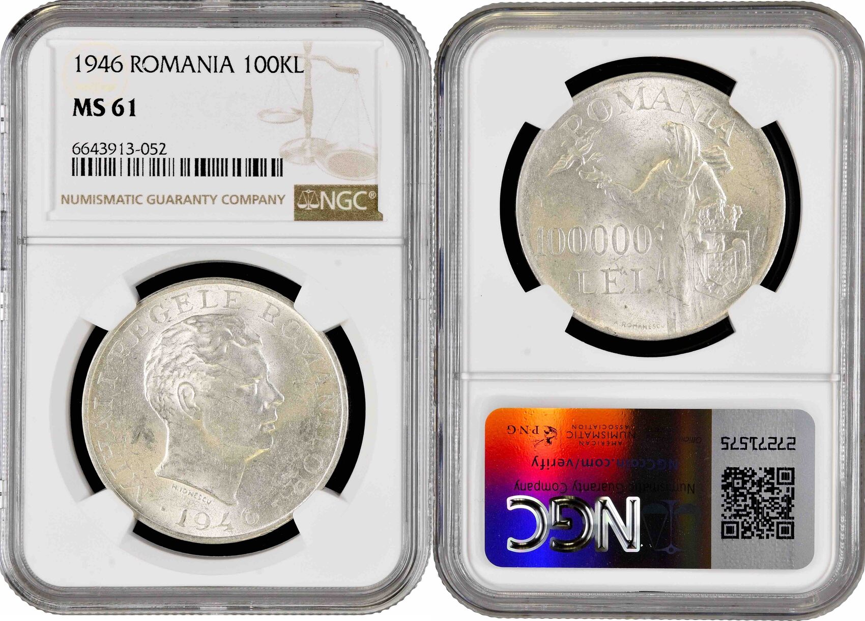 Romania 100.000 lei 1946, NGC MS61, King Michael I (1940 - 1947) Romania 1946, NGC MS61, King ...