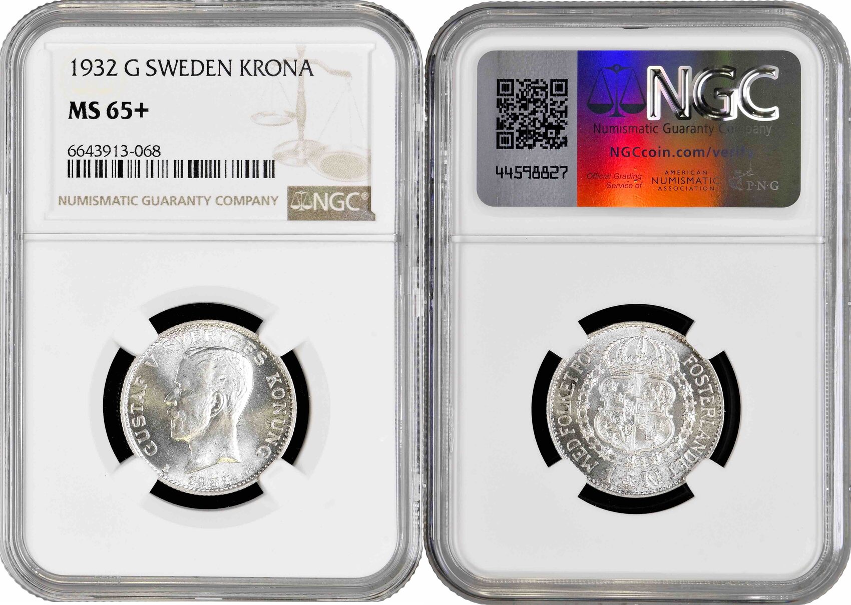 Sweden 1 krona 1932 G, NGC MS65+, King Gustaf V (1908 - 1950) Top Pop 1/2 Sweden 1932 G, NGC ...