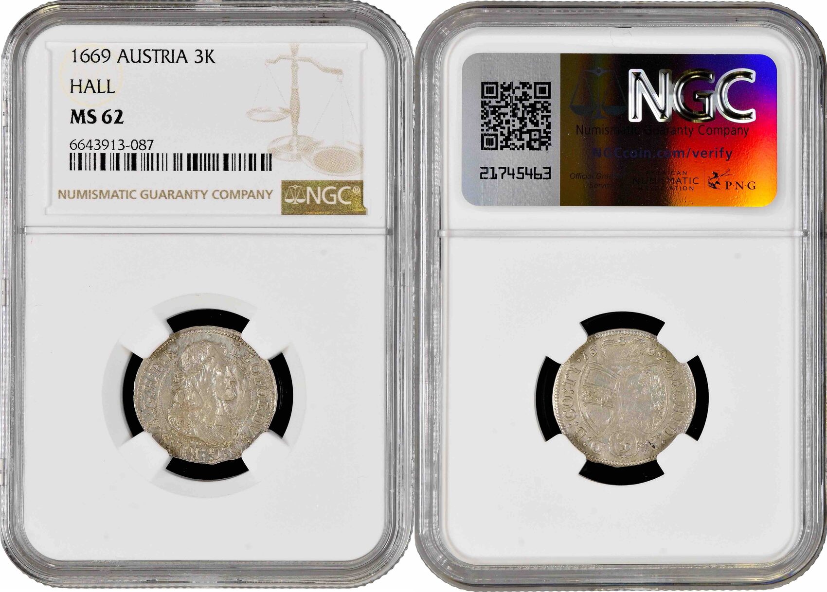 Austria 3 kreuzer 1669 HALL, NGC MS62, Leopold I (1657 - 1705) Top Pop 1/0 Austria HALL, NGC ...
