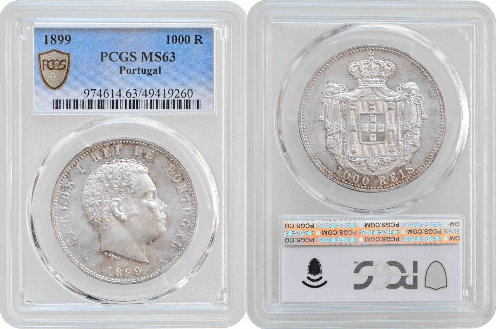 Portugal 1000 reis 1899, PCGS MS63, King Carlos I (1889 - 1908) silver coin Portugal 1899, PCGS ...