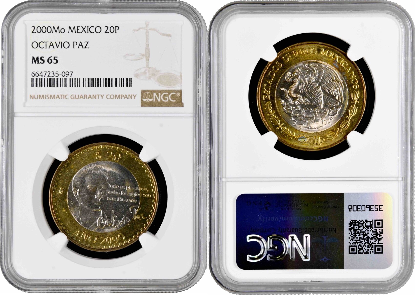 Mexico 20 pesos 2000 Mo, NGC MS65, Millennium - Octavio Paz Mexico 2000 ...