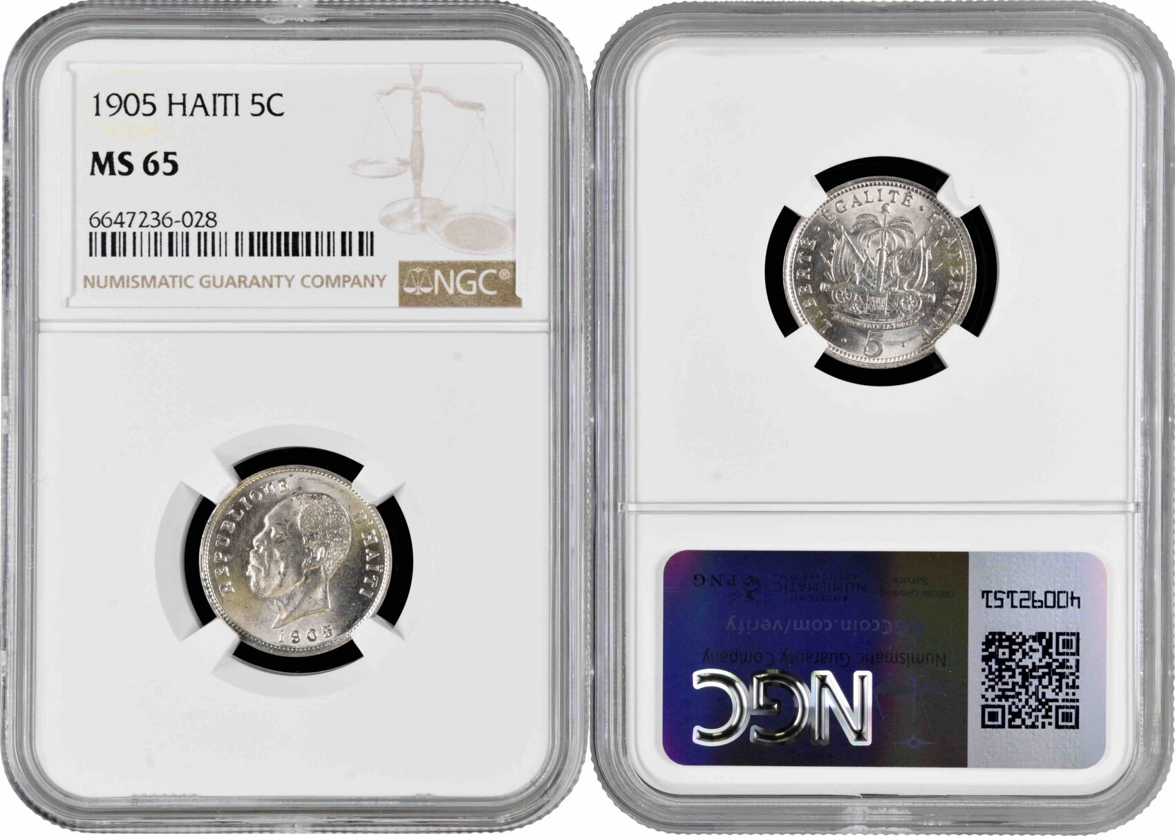 Haiti 5 centimes 1905, NGC MS65, Republic of Haiti (1863 - 1985) Haiti 1905, NGC MS65, Republic ...