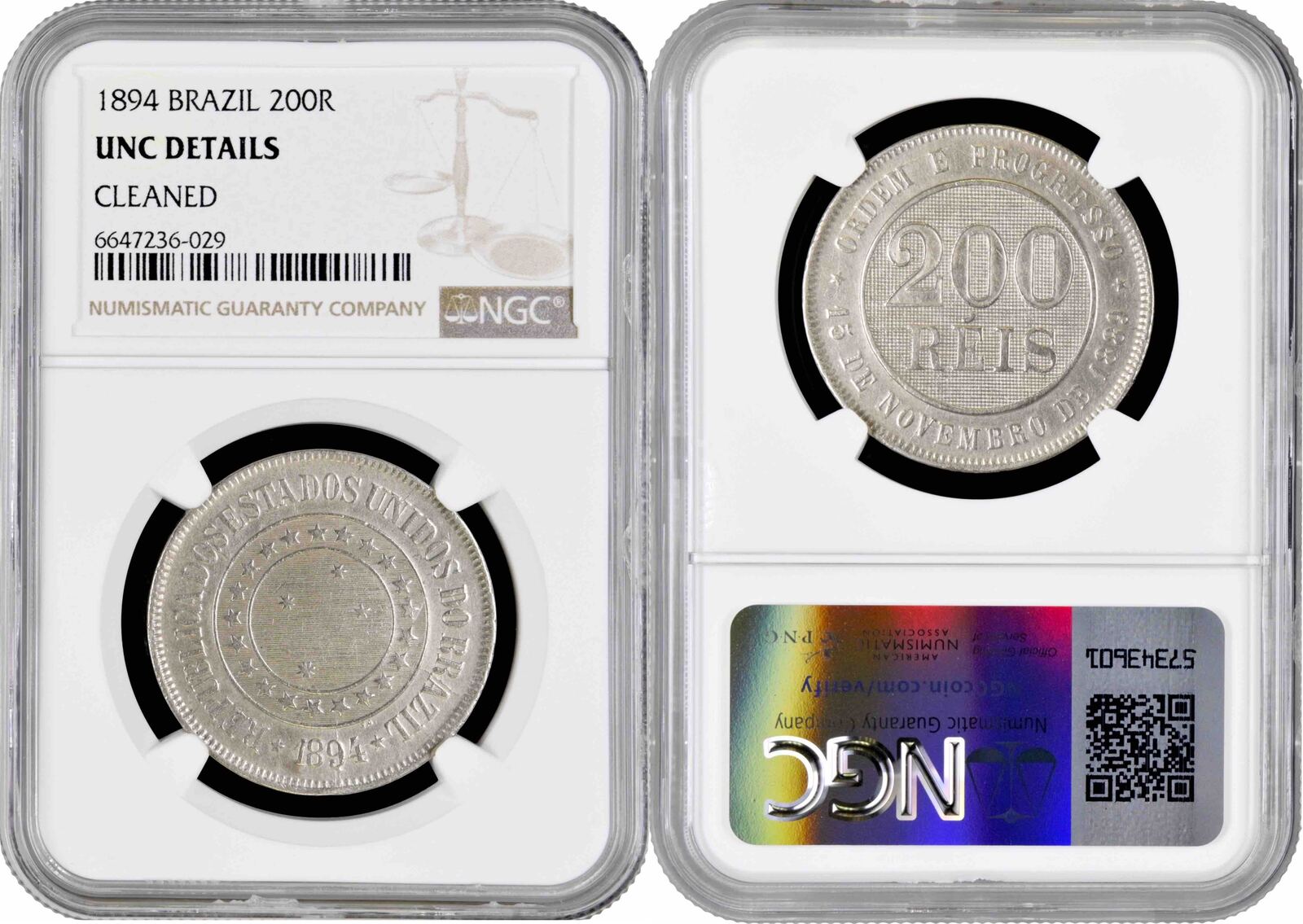 Brazil 200 reis 1894, NGC UNC Det., First Republic (1889 - 1942) | MA-Shops