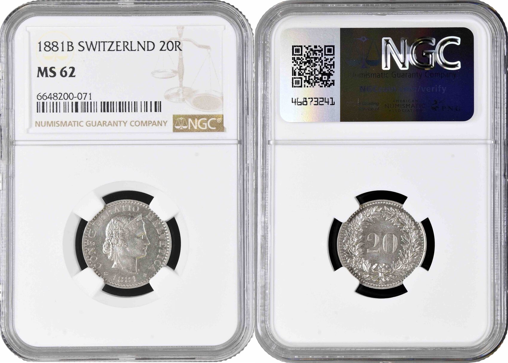 Switzerland 20 rappen 1881 B, NGC MS62, Confoederatio Helvetica (1850 - 1916) Switzerland 1881 B ...