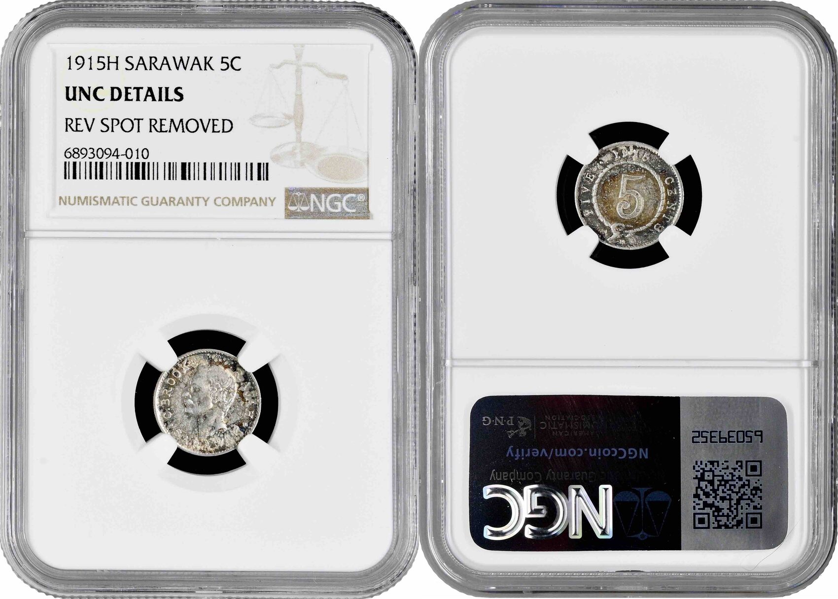 Sarawak 5 cents 1915 H, NGC UNC Det., Rajah Charles Brooke (1868 - 1917) | MA-Shops
