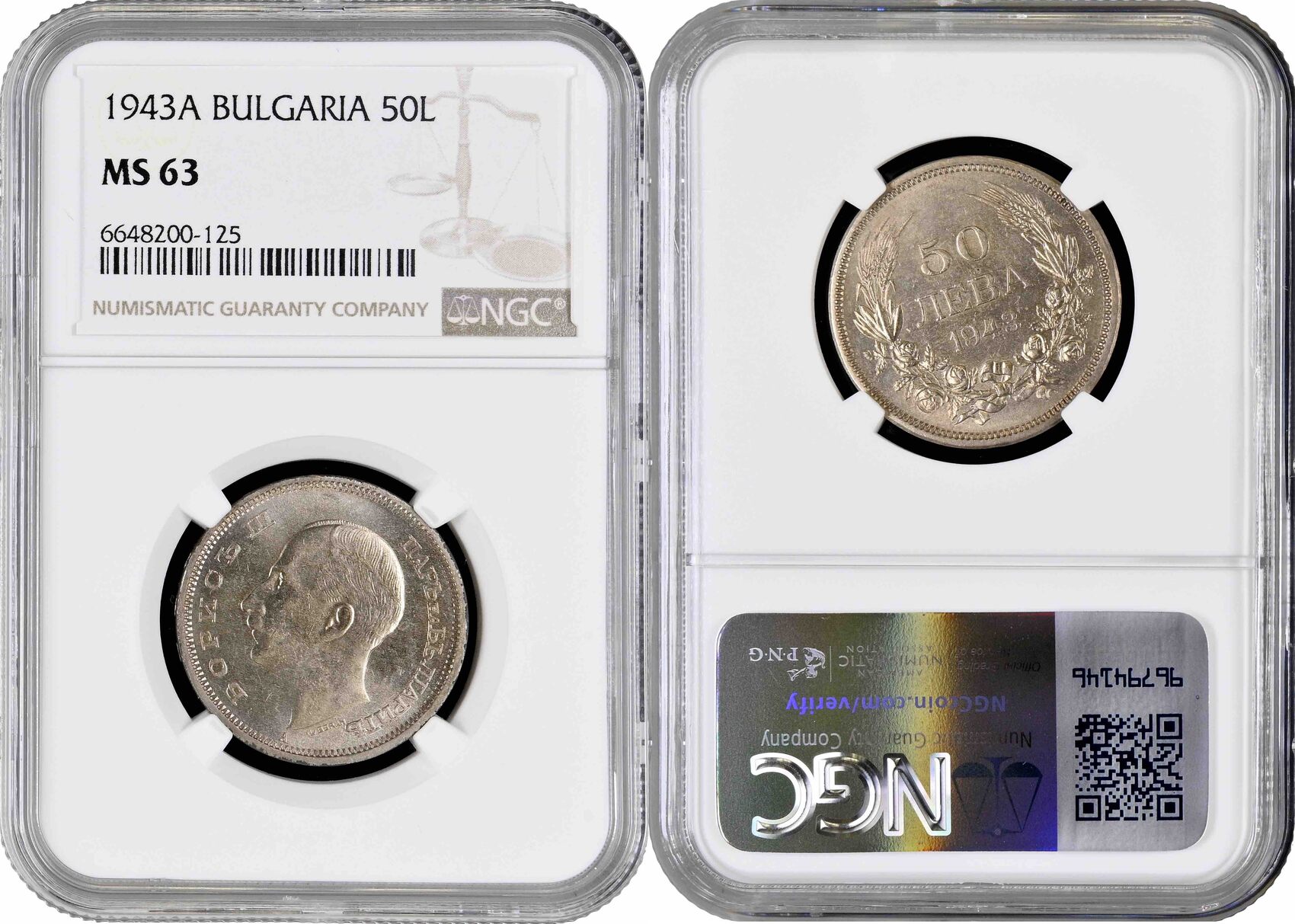 1943 Bulgaria 50 leva 1943, NGC MS63, Tsar Boris III (1918 - 1943 ...