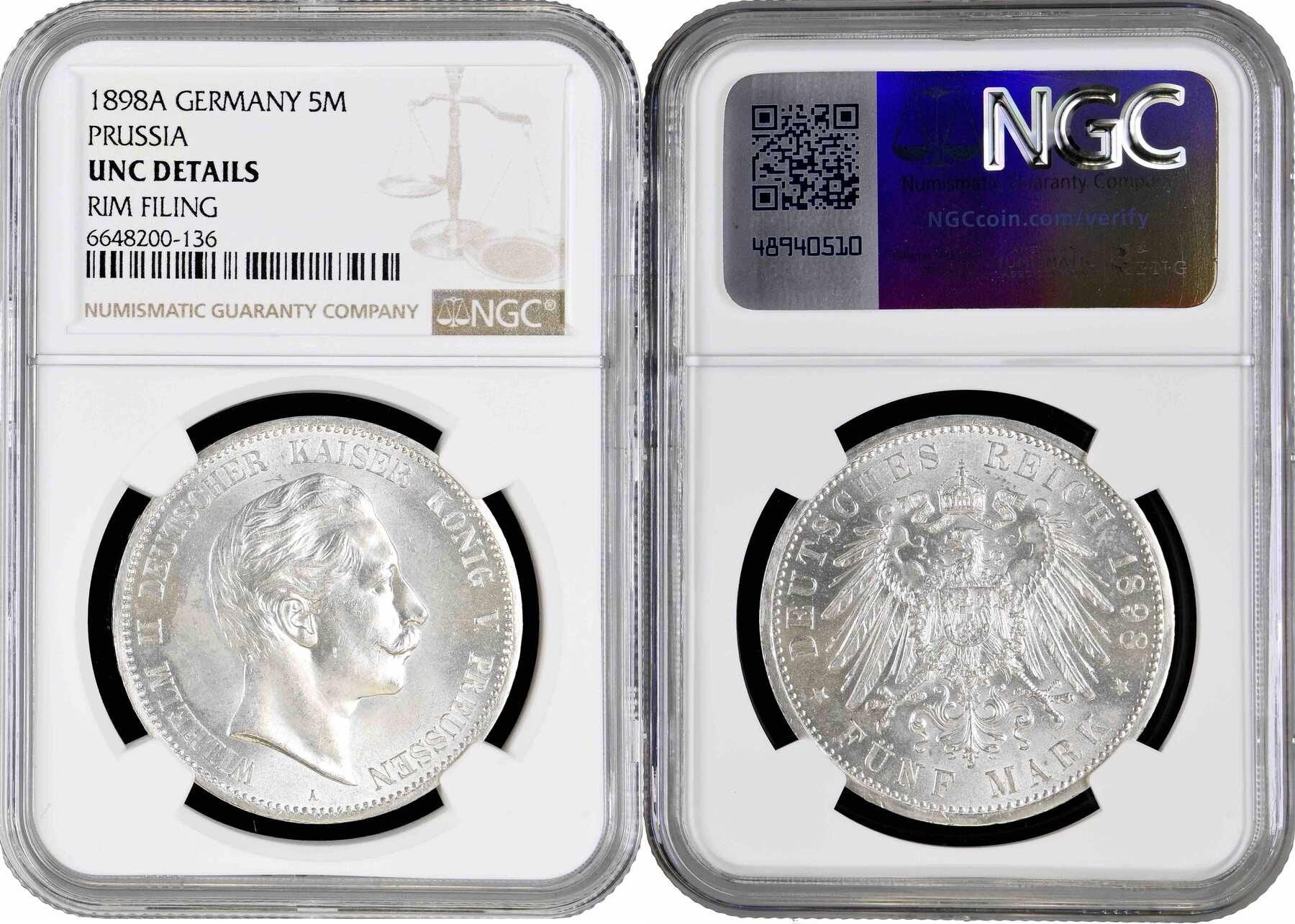 Prussia 5 mark 1898 A, NGC UNC Det., King Wilhelm II (1888 - 1918 ...