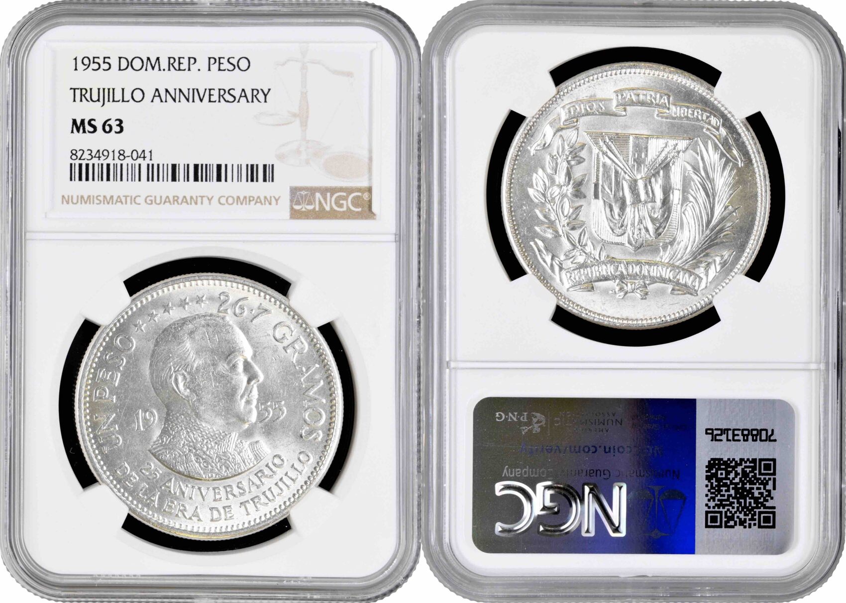 Dominican Republic 1 peso 1955, NGC MS63, 25th Anniver. of the Trujillo ...