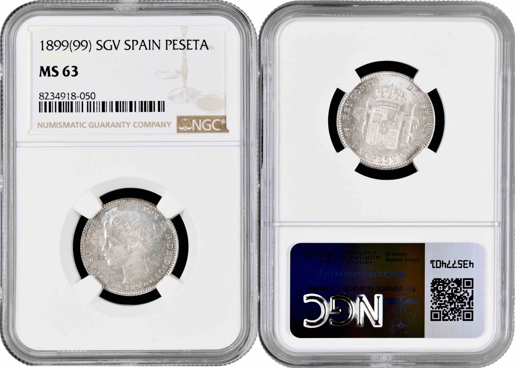 Spain 1 peseta 1899 SGV, NGC MS63, King Alfonso XIII (1886 - 1931 ...