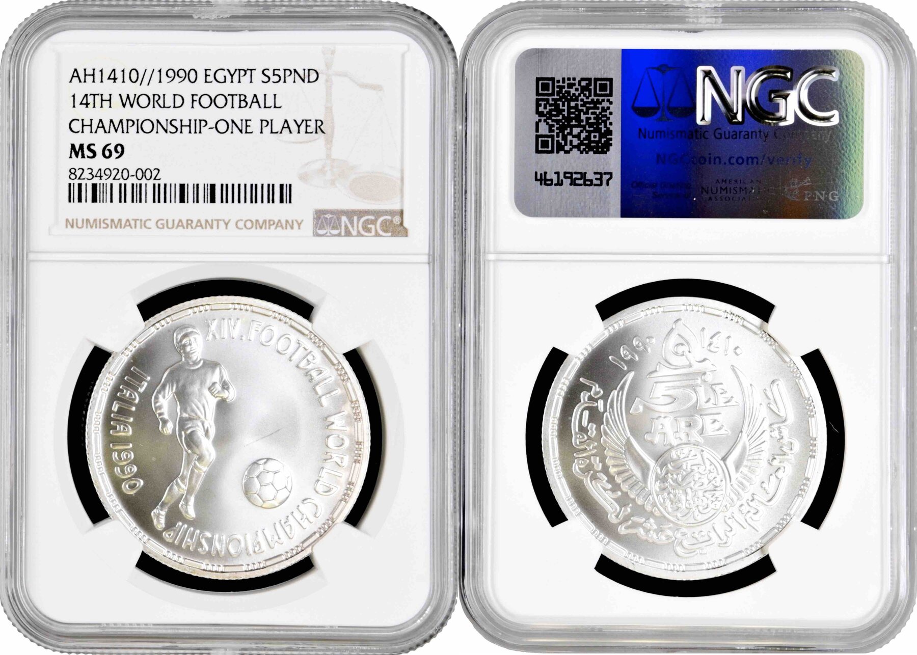 Egypt 5 pounds 1990, NGC MS69, FIFA World Cup - Football Player Pop 8/1 Egypt 1990, NGC MS69 ...