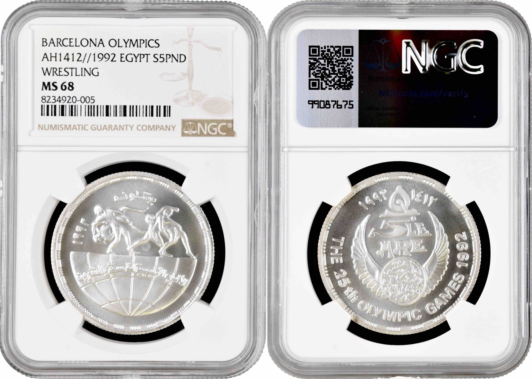 Egypt 5 pounds 1992, NGC MS68, Barcelona - Wrestling silver coin Egypt ...