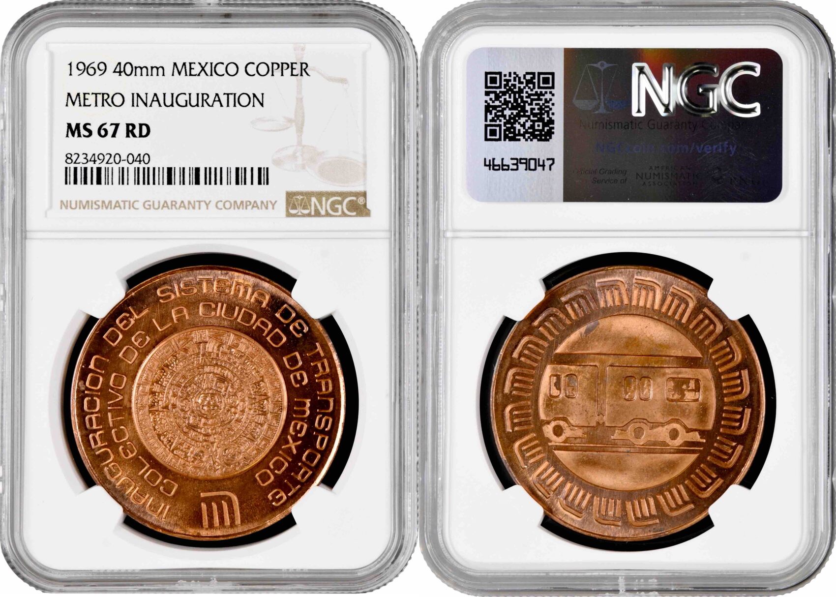 Mexico cooper medal 1969, NGC MS67 RD, Metro Inauguration Top Pop 1/0 ...