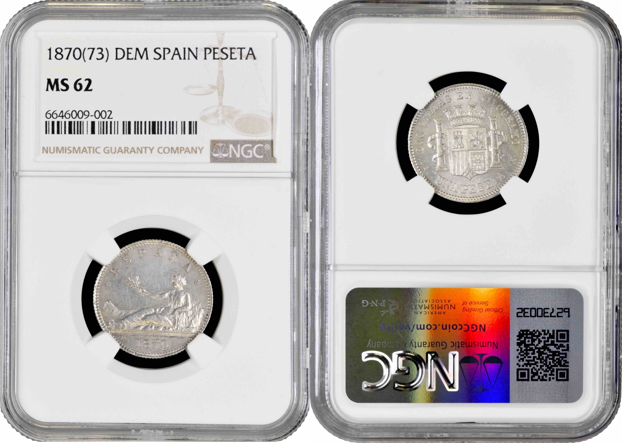 Spain 1 peseta 1870 (73) DEM, NGC MS62, Provisional government (1869 - 1874) Spain (73) DEM, NGC ...
