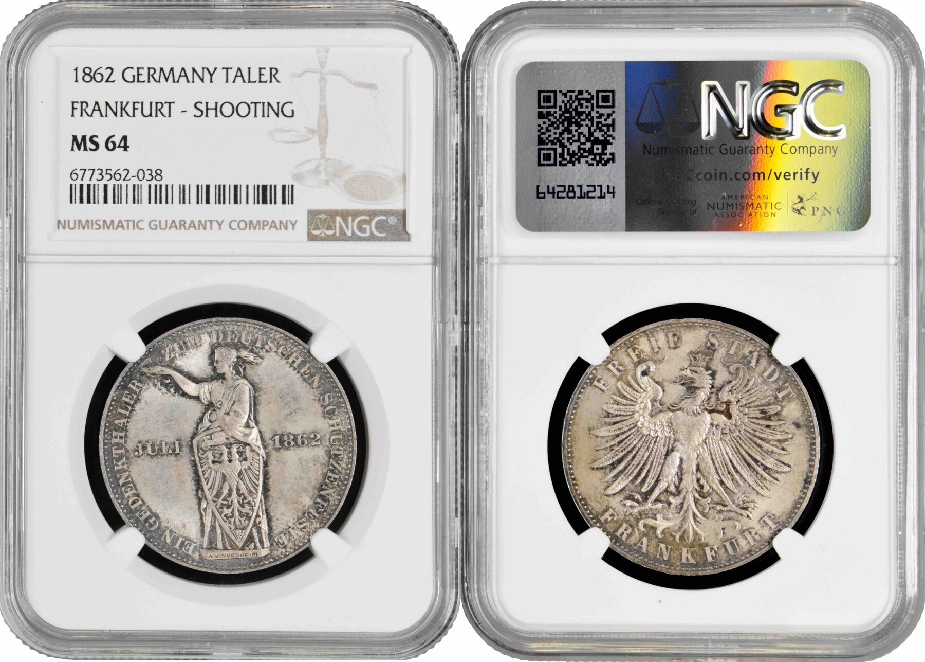 Frankfurt 1 thaler 1862, NGC MS64, German Shooting Festival silver coin ...