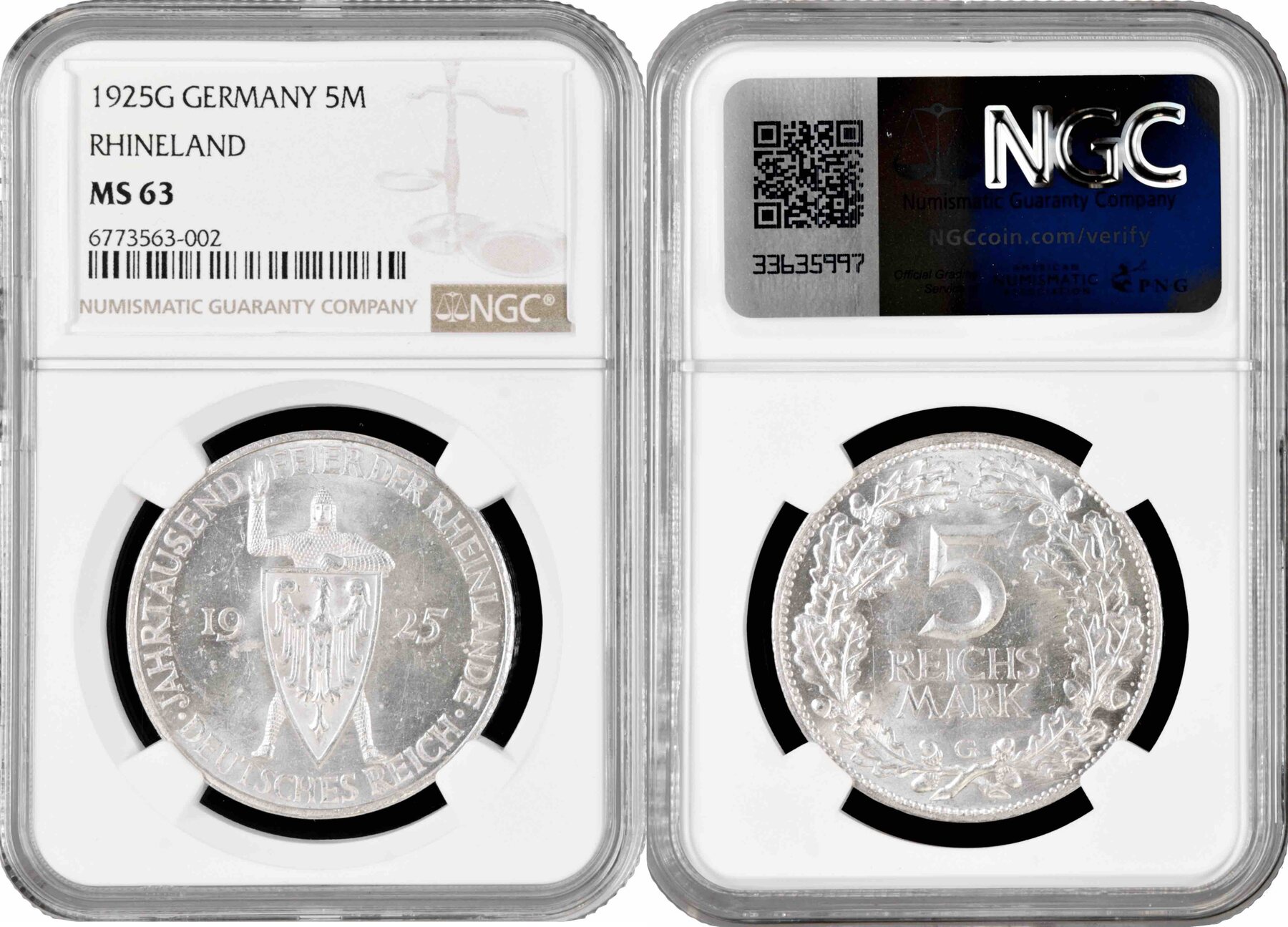Weimar Republic 5 reichsmark 1925 G, NGC MS63, 1000th Year of the ...