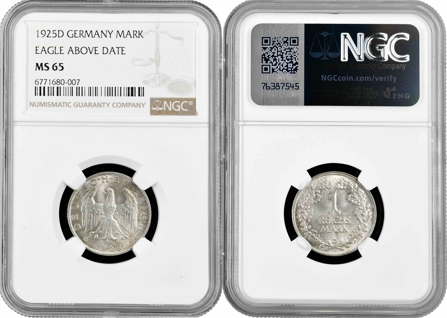 Germany 1 reichsmark 1925 D, NGC MS65, Weimar Republic (1924 - 1938 ...