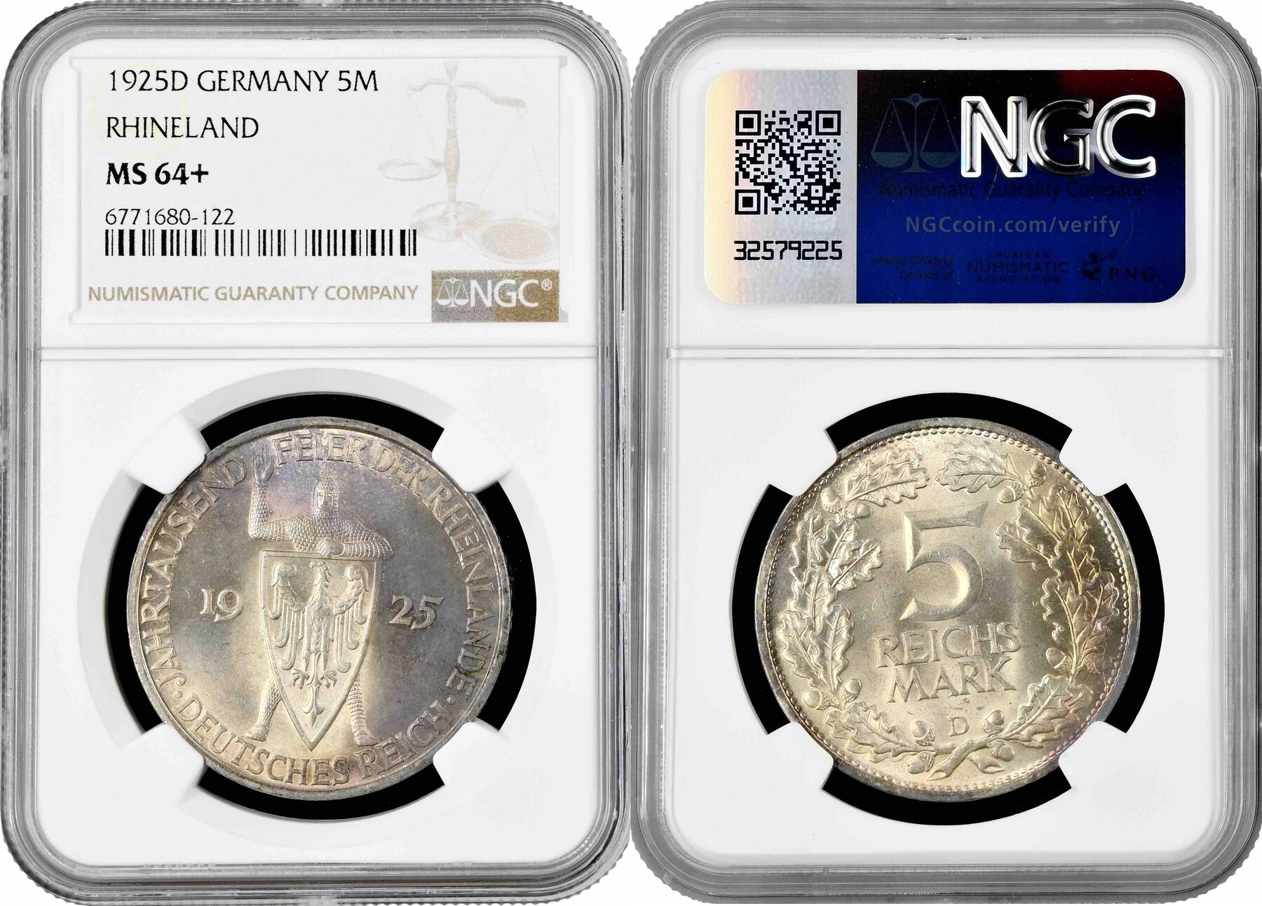 Weimar Republic 5 reichsmark 1925 D, NGC MS64+, 1000th Year of the Rhineland Weimar Republic ...