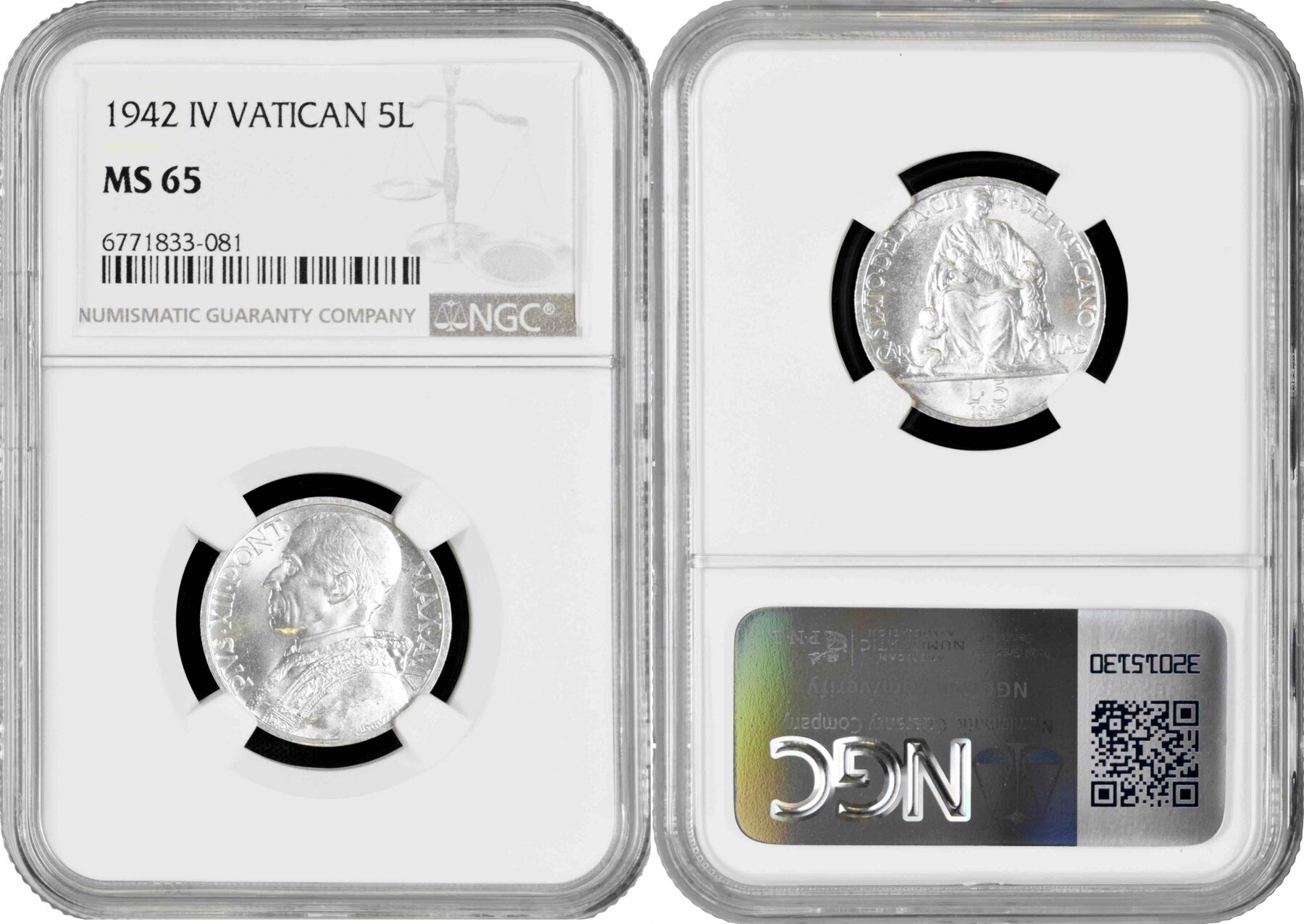 Vatican City 5 lire 1942, NGC MS65, Pope Pius XII (1939 - 1958) silver coin Vatican City 1942 ...