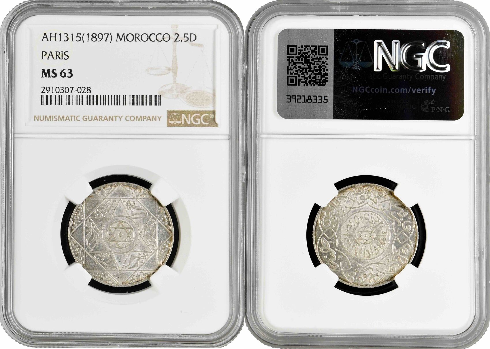 AH AH Morocco 2 1/2 dirham AH 1314 (1897), NGC MS63, Sultan Hassan I (1873 - 1894) Morocco AH ...