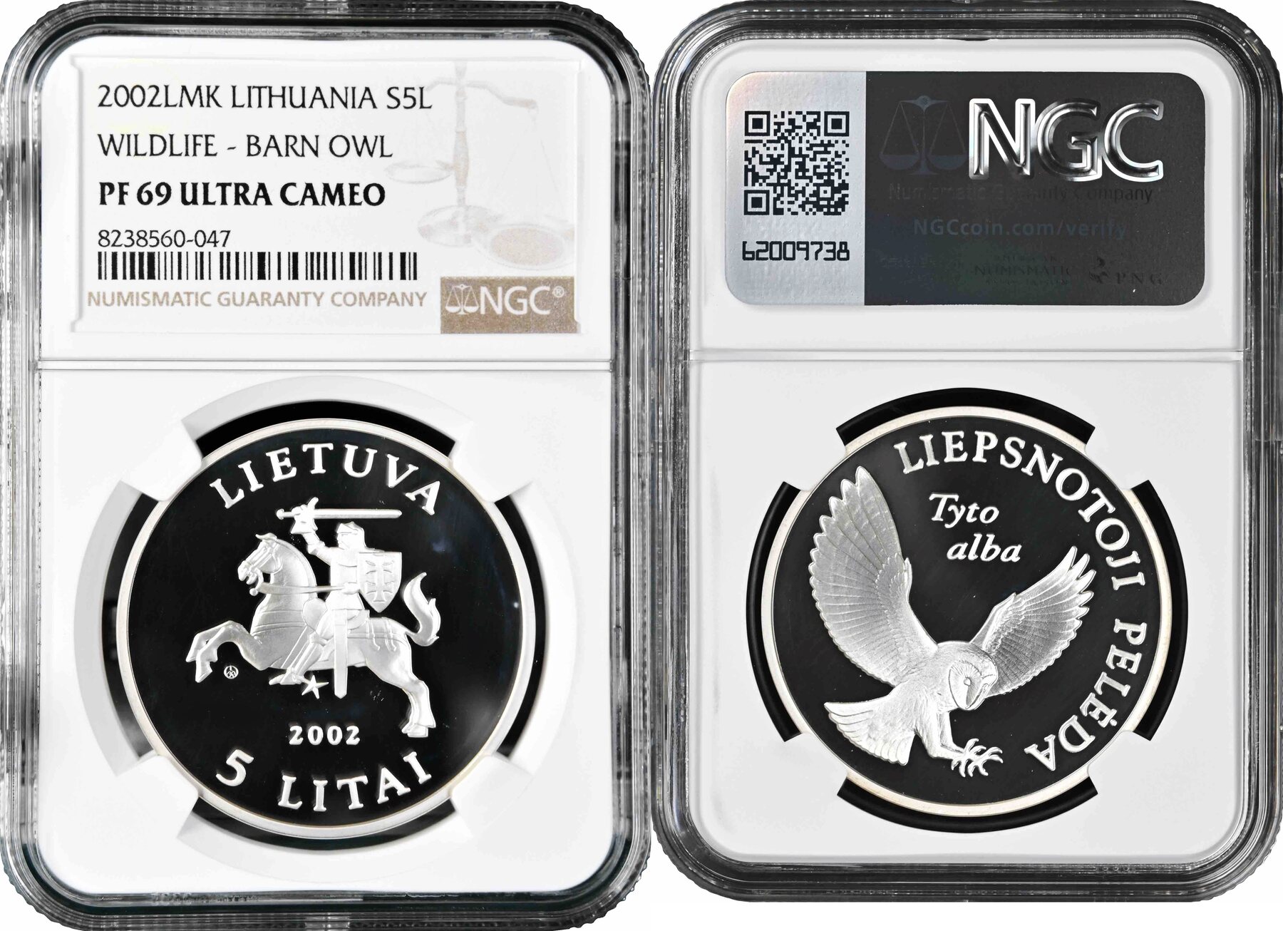 Lithuania 5 litas 2002, NGC PF69 UC, Endangered Wildlife - Barn Owl Top ...