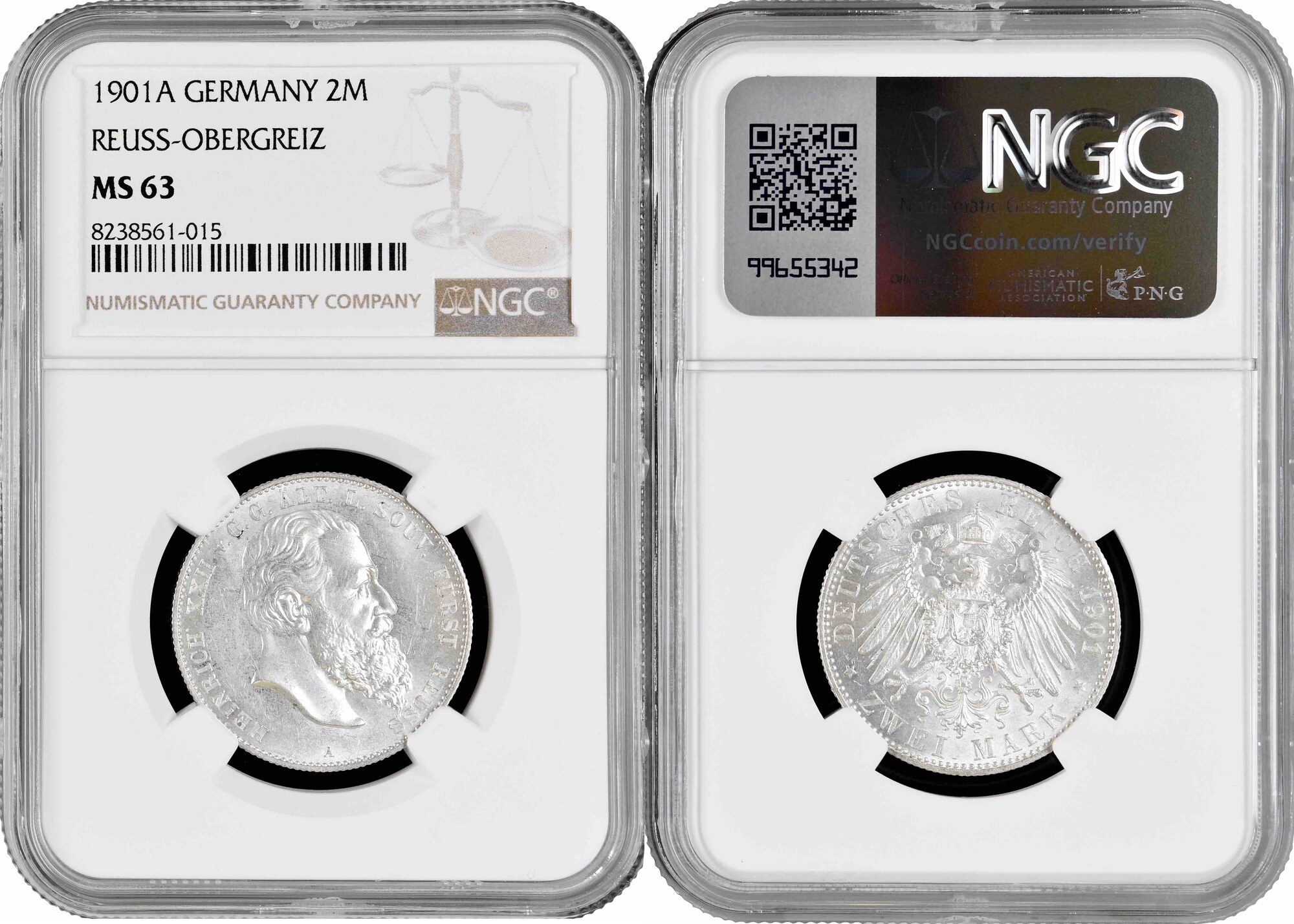 Reuss-Obergreiz 2 mark 1901 A, NGC MS63, Prince Heinrich XXII (1867 ...