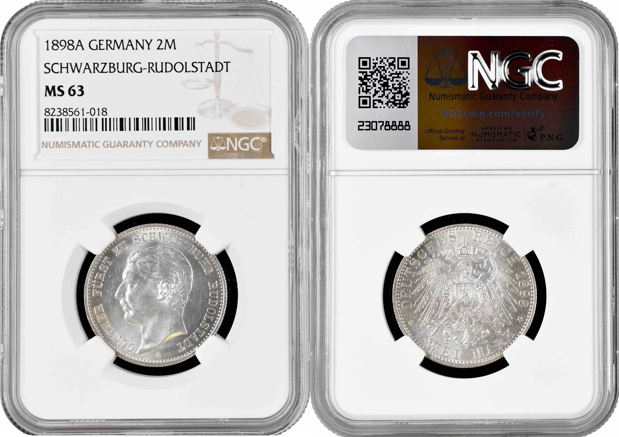 Schwarzburg-Rudolstadt 2 mark 1898 A, NGC MS63, Günther Victor (1890 ...