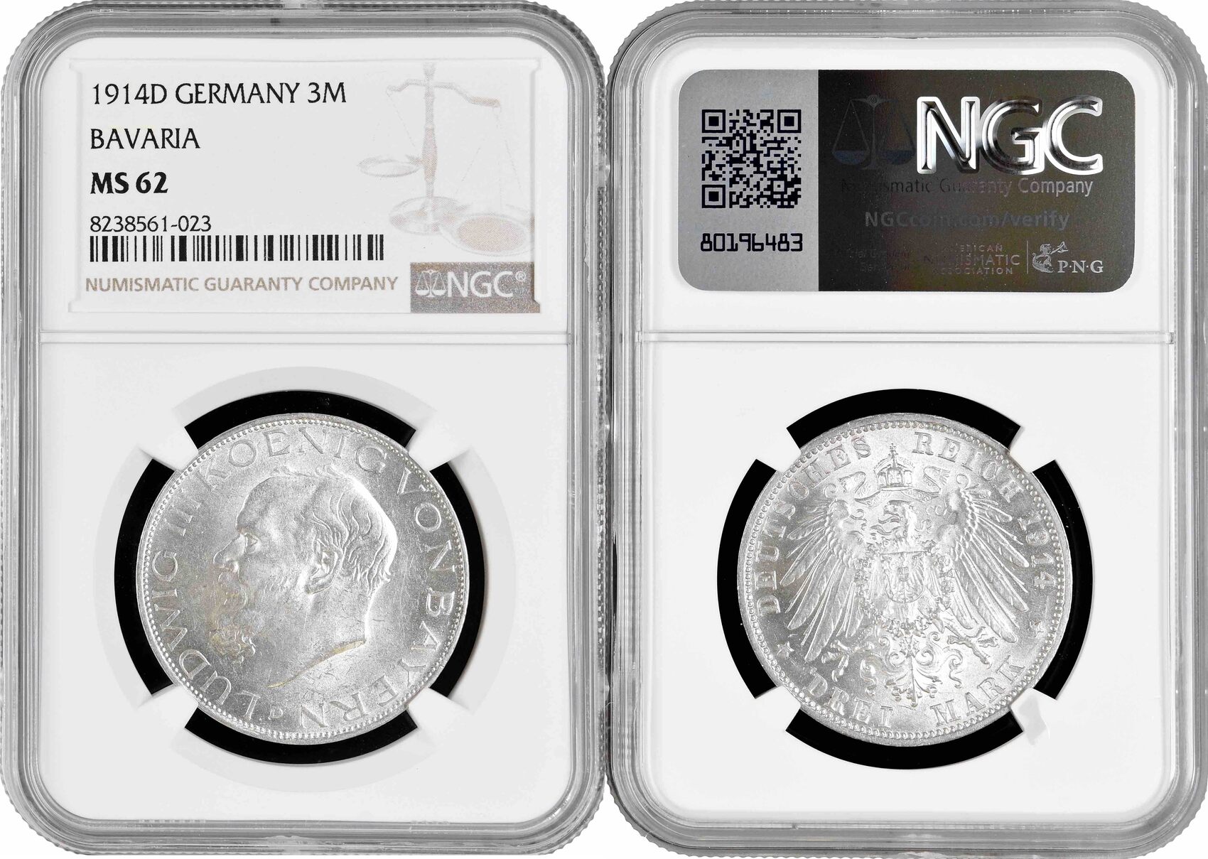 Bavaria 3 mark 1914 D, NGC MS62, King Ludwig III (1913 - 1918) silver ...