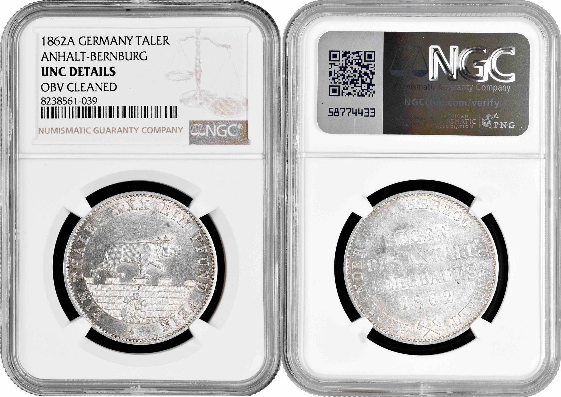 Anhalt-Bernburg 1 thaler 1862 A, NGC UNC Det., Duke Alexander Karl ...
