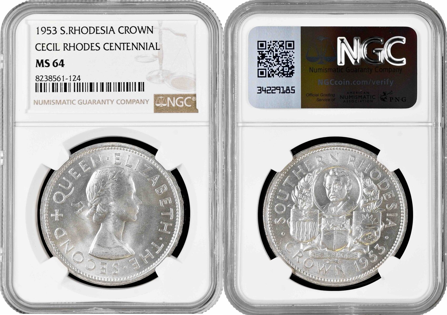 Southern Rhodesia 1 crown 1953, NGC MS64, 100th Birthday of Cecil Rhodes Southern Rhodesia 1953 ...