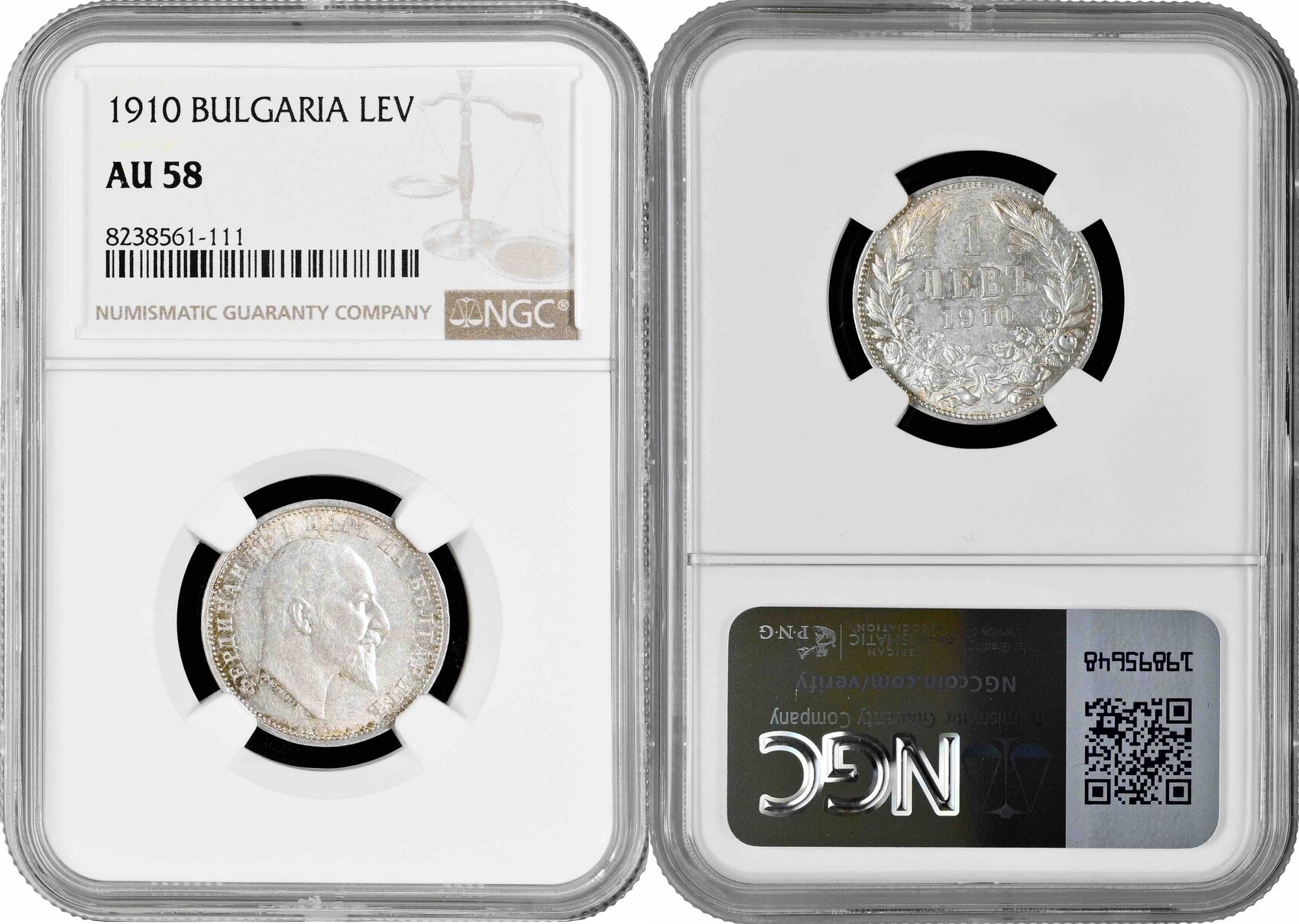Bulgaria 1 lev 1910, NGC AU58, Tsar Ferdinand I (1908 - 1918) silver ...