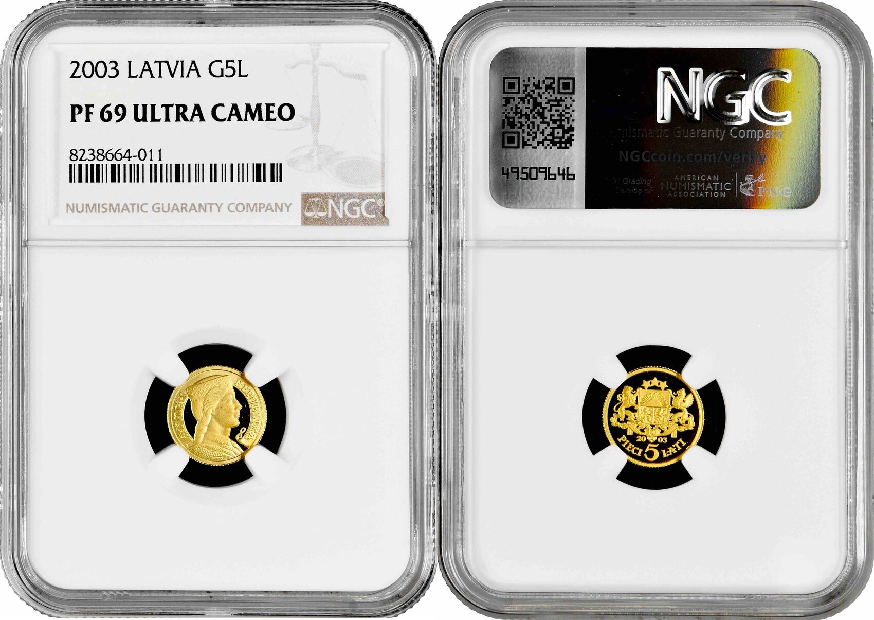 Latvia 5 lati 2003, NGC PF69 UC, 10th Anniversary of the New Lat gold ...